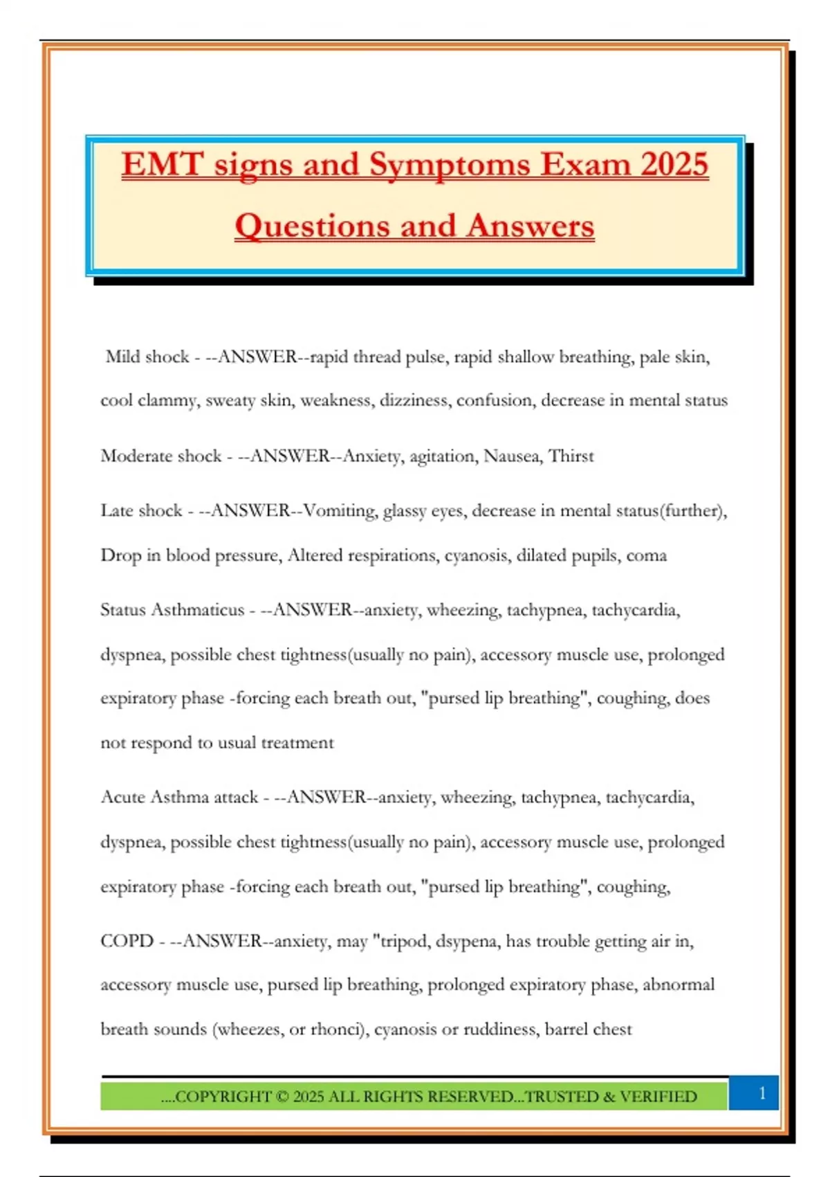 EMT signs and Symptoms Exam 2025 Questions and Answers - EMT - Stuvia US