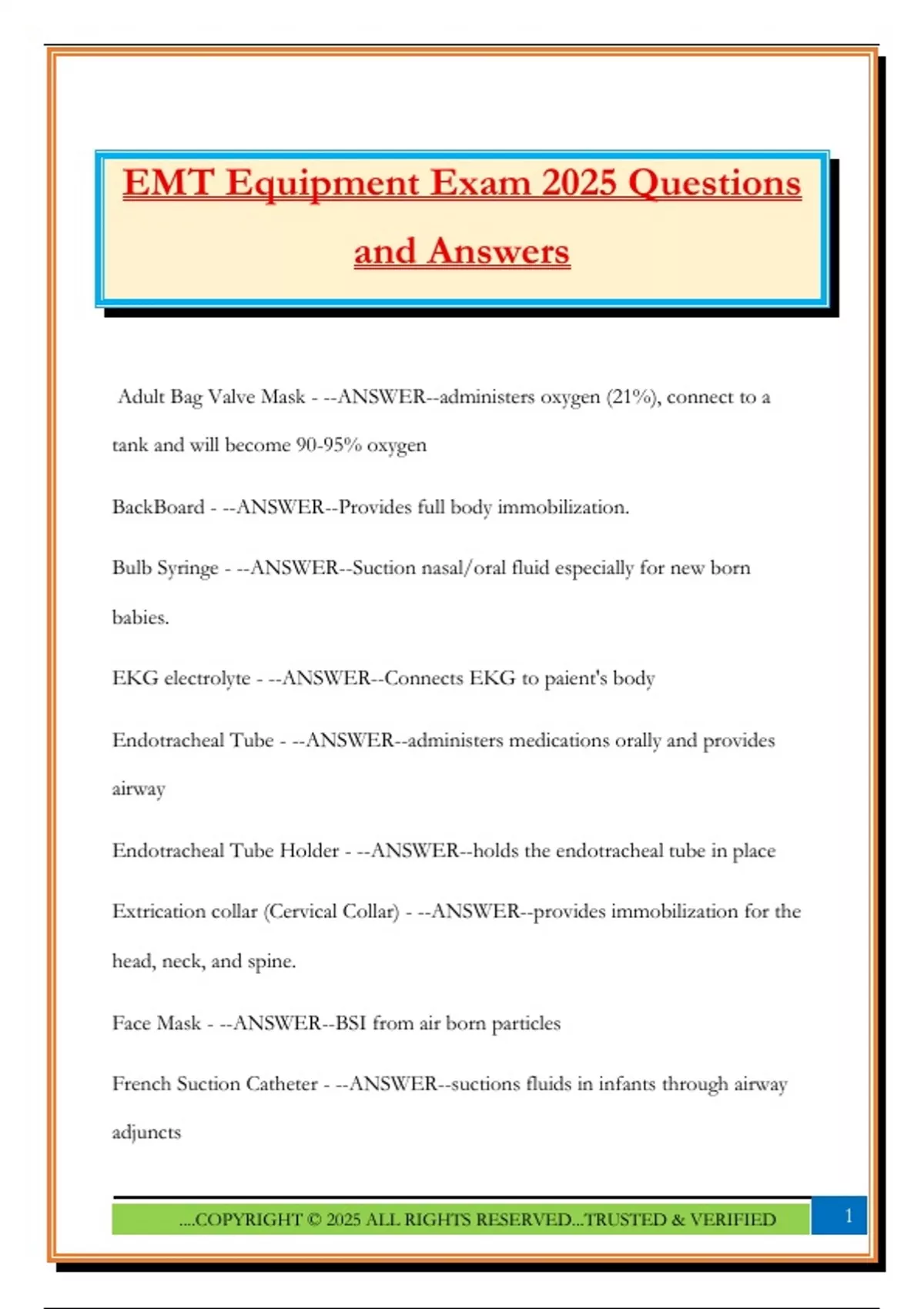 EMT Equipment Exam 2025 Questions and Answers - EMT - Stuvia US