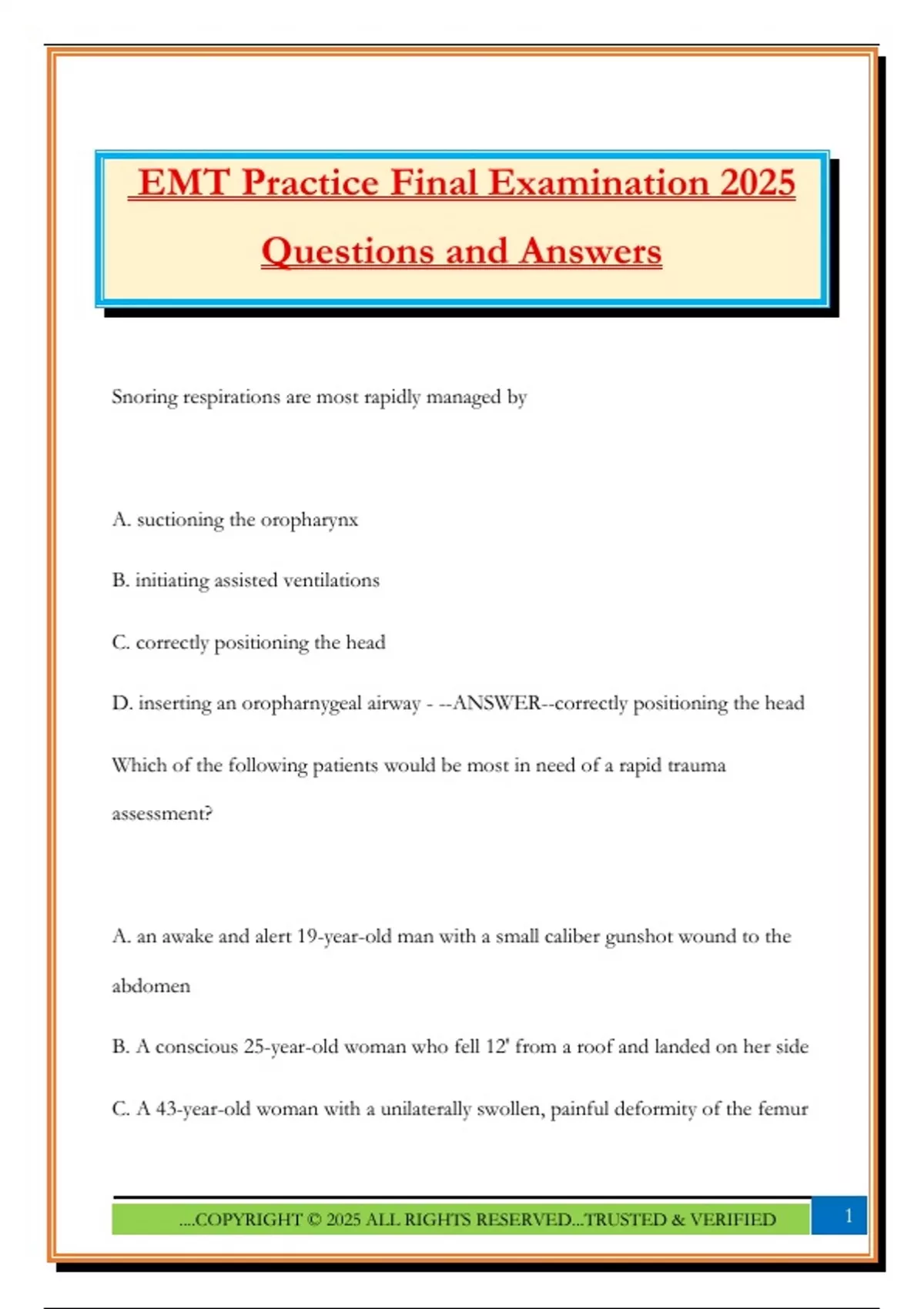 EMT Practice Final Examination 2025 Questions and Answers - EMT - Stuvia US