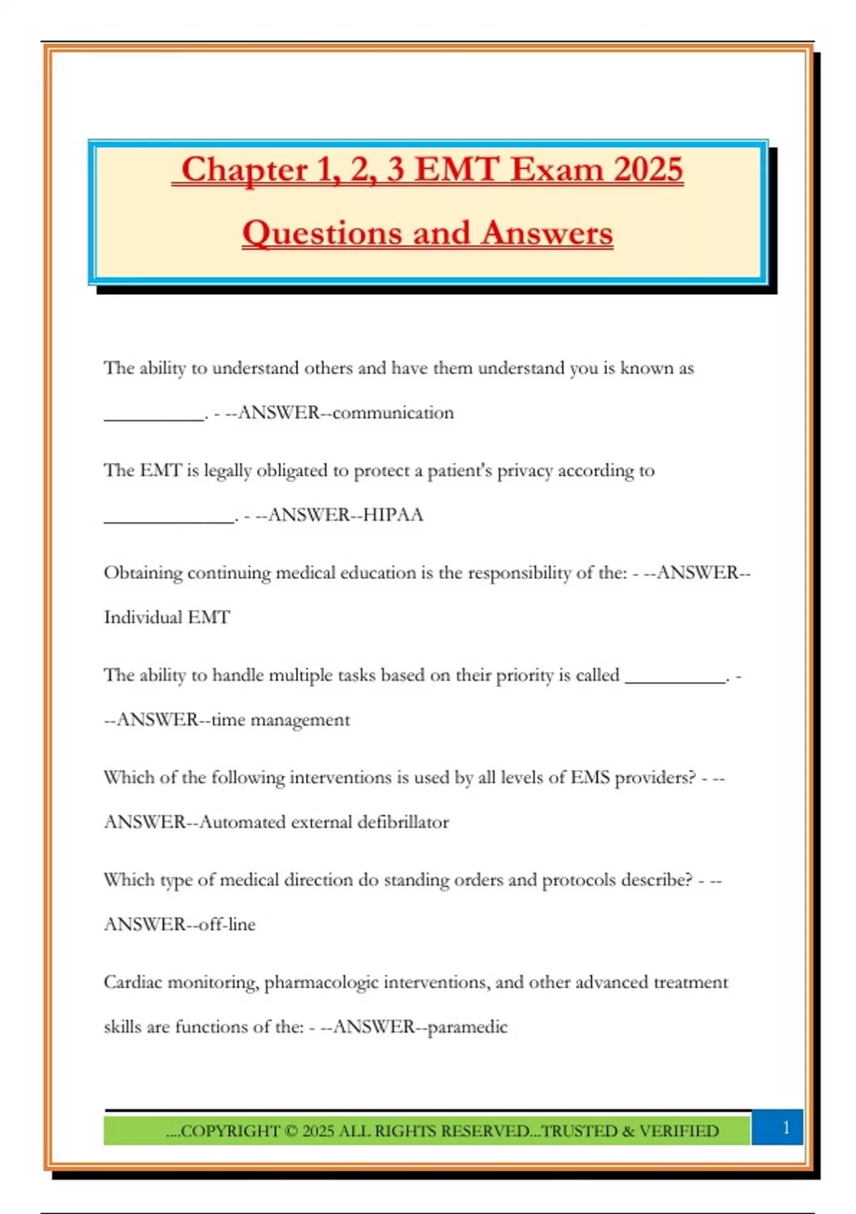 Chapter 1, 2, 3 EMT Exam 2025 Questions and Answers - EMT - Stuvia US