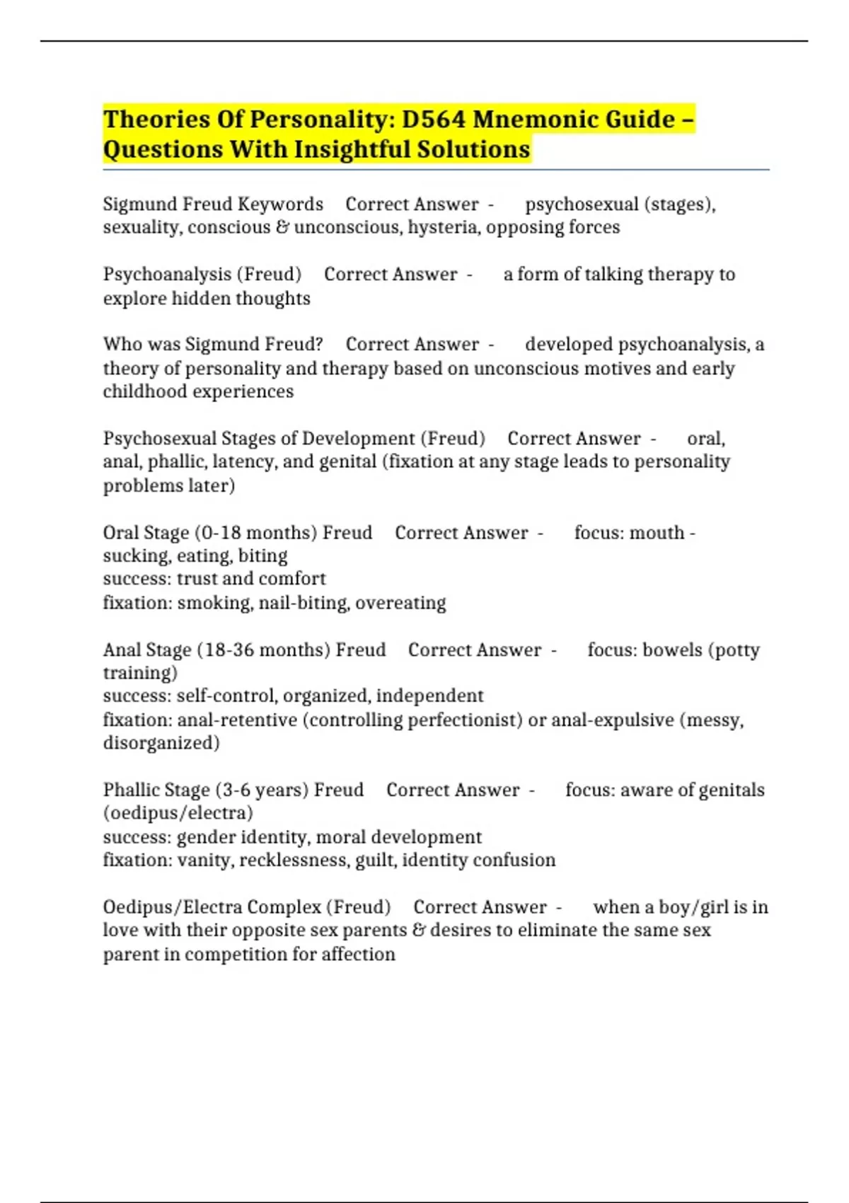 Theories Of Personality: D564 Mnemonic Guide – Questions With Insightful Solutions - WGU D564 ...