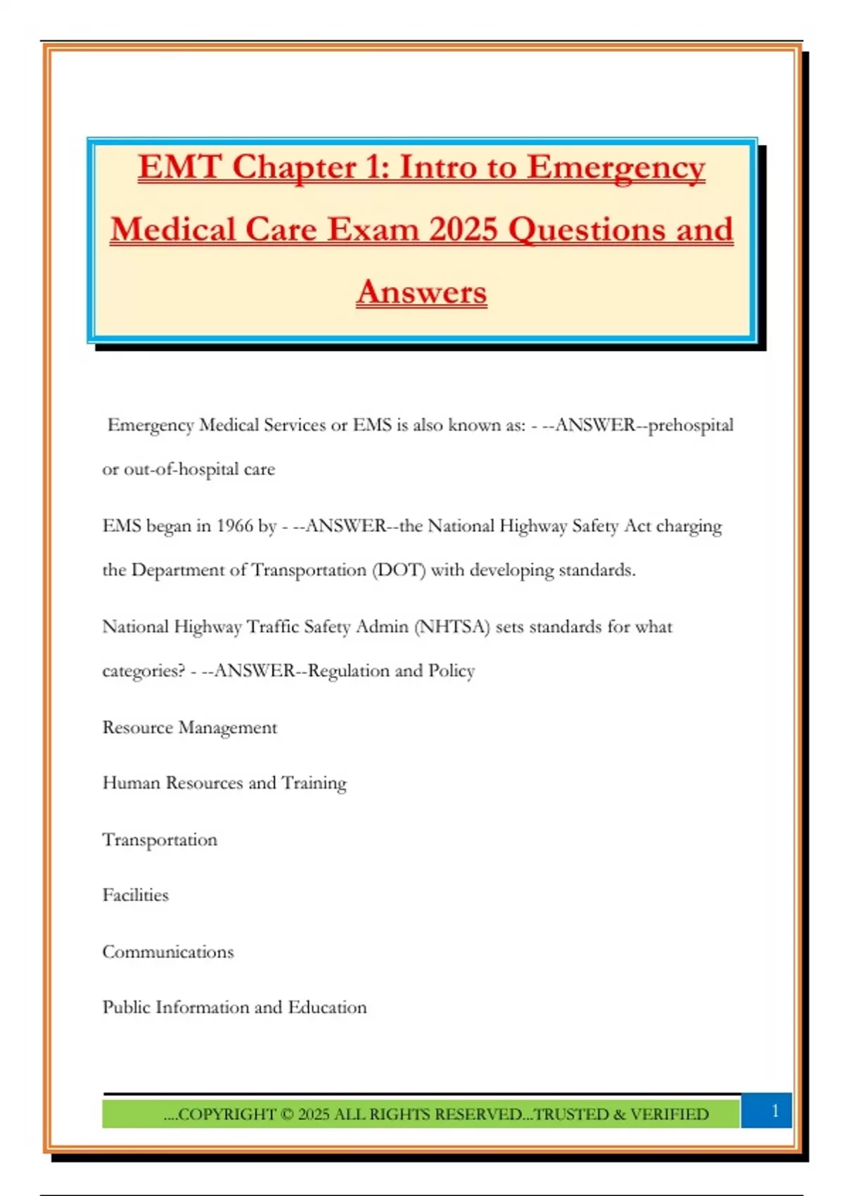 EMT Chapter 1: Intro to Emergency Medical Care Exam 2025 Questions and Answers - EMT - Stuvia US