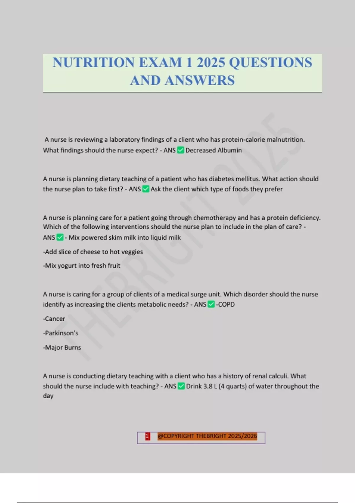 NUTRITION EXAM 1 2025 QUESTIONS AND ANSWERS - NUTRITION - Stuvia US