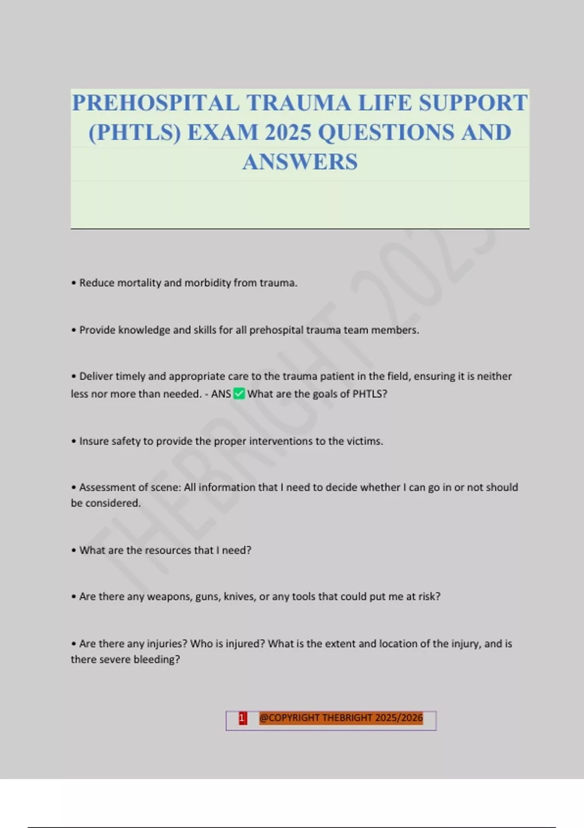 PREHOSPITAL TRAUMA LIFE SUPPORT (PHTLS) EXAM 2025 QUESTIONS AND ANSWERS ...