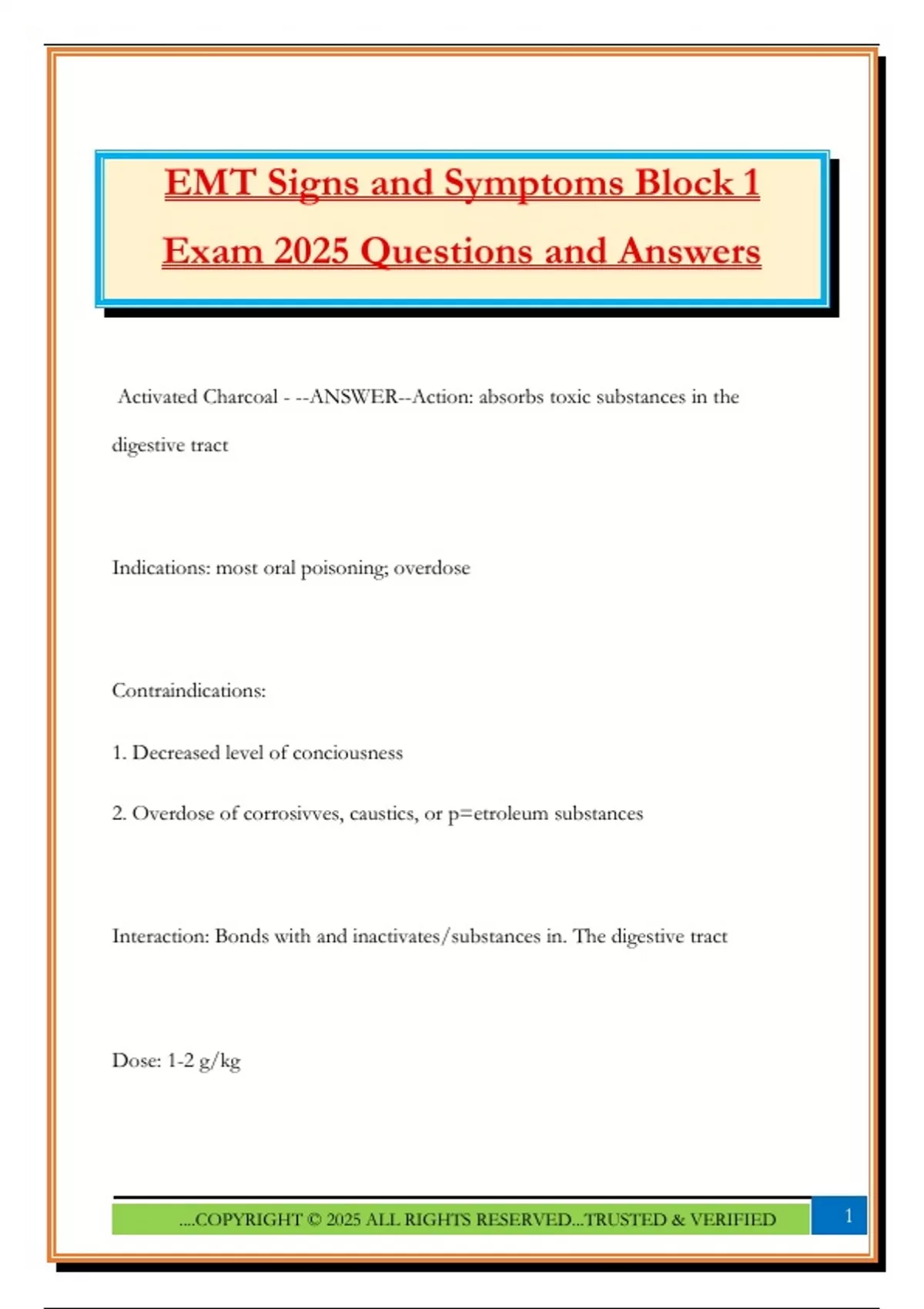 EMT Signs and Symptoms Block 1 Exam 2025 Questions and Answers - EMT ...