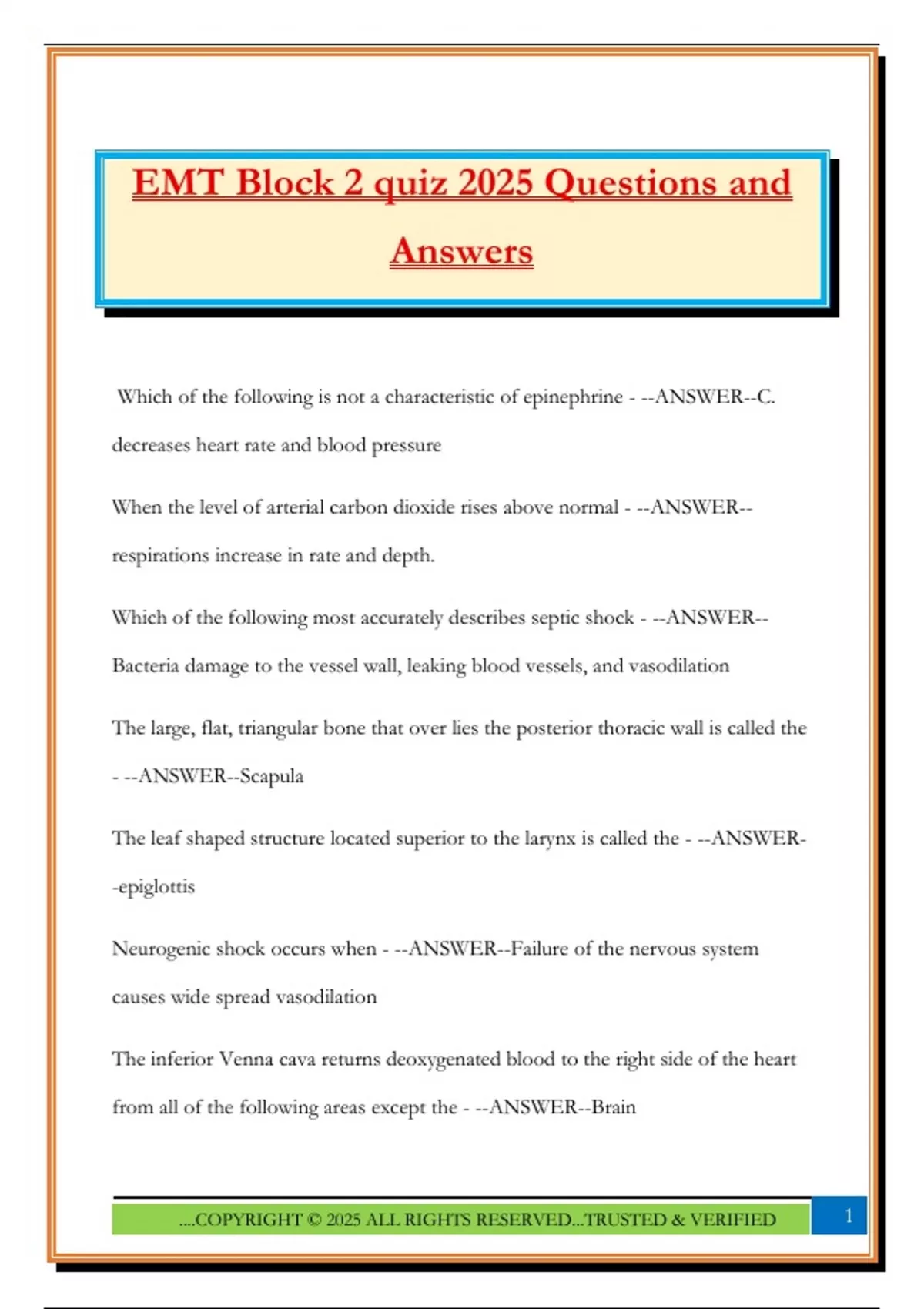 EMT Block 2 quiz 2025 Questions and Answers - West coast Emt - Stuvia US