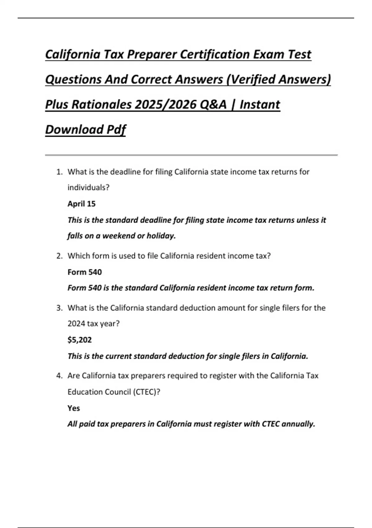 California Tax Preparer Certification Exam Test Questions And Correct ...