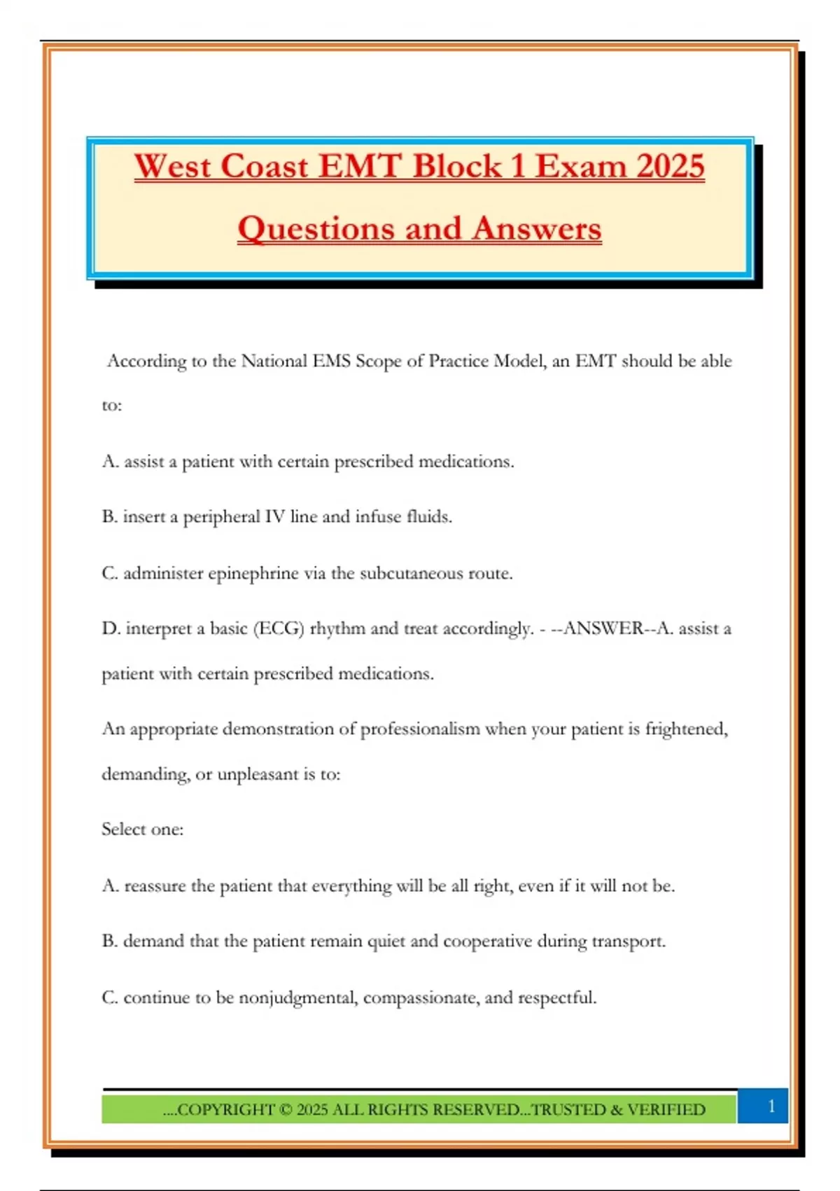 West Coast EMT Block 1 Exam 2025 Questions and Answers - West coast Emt - Stuvia US