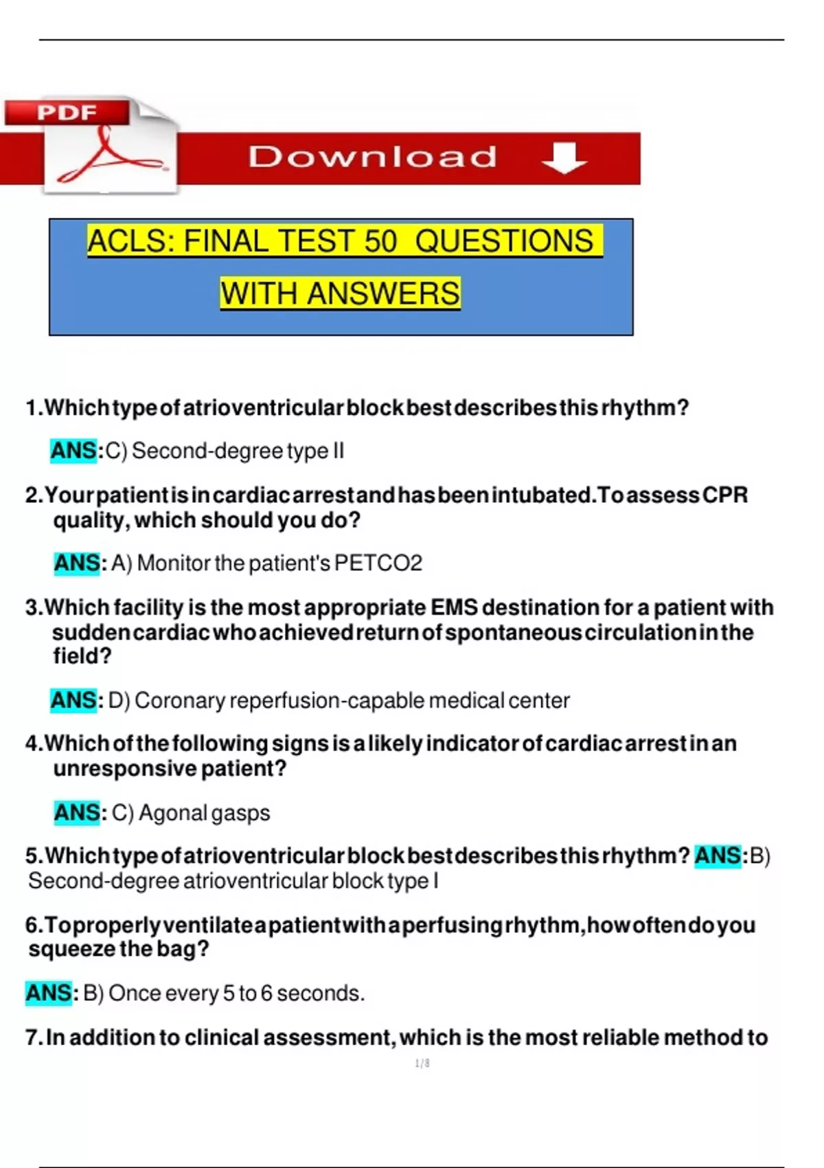 ACLS: FINAL TEST 50 QUESTIONS WITH ANSWERS - ACLS - Stuvia US