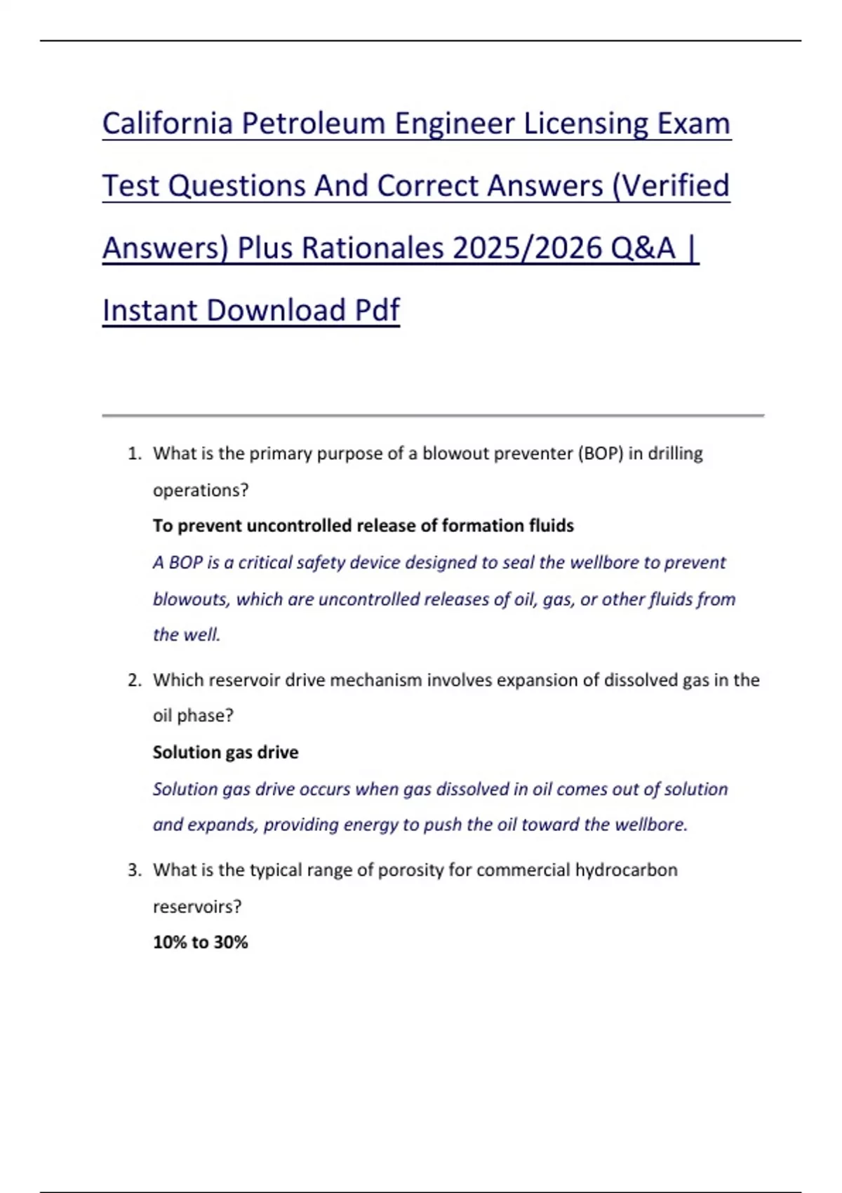 California Petroleum Engineer Licensing Exam Test Questions And Correct ...