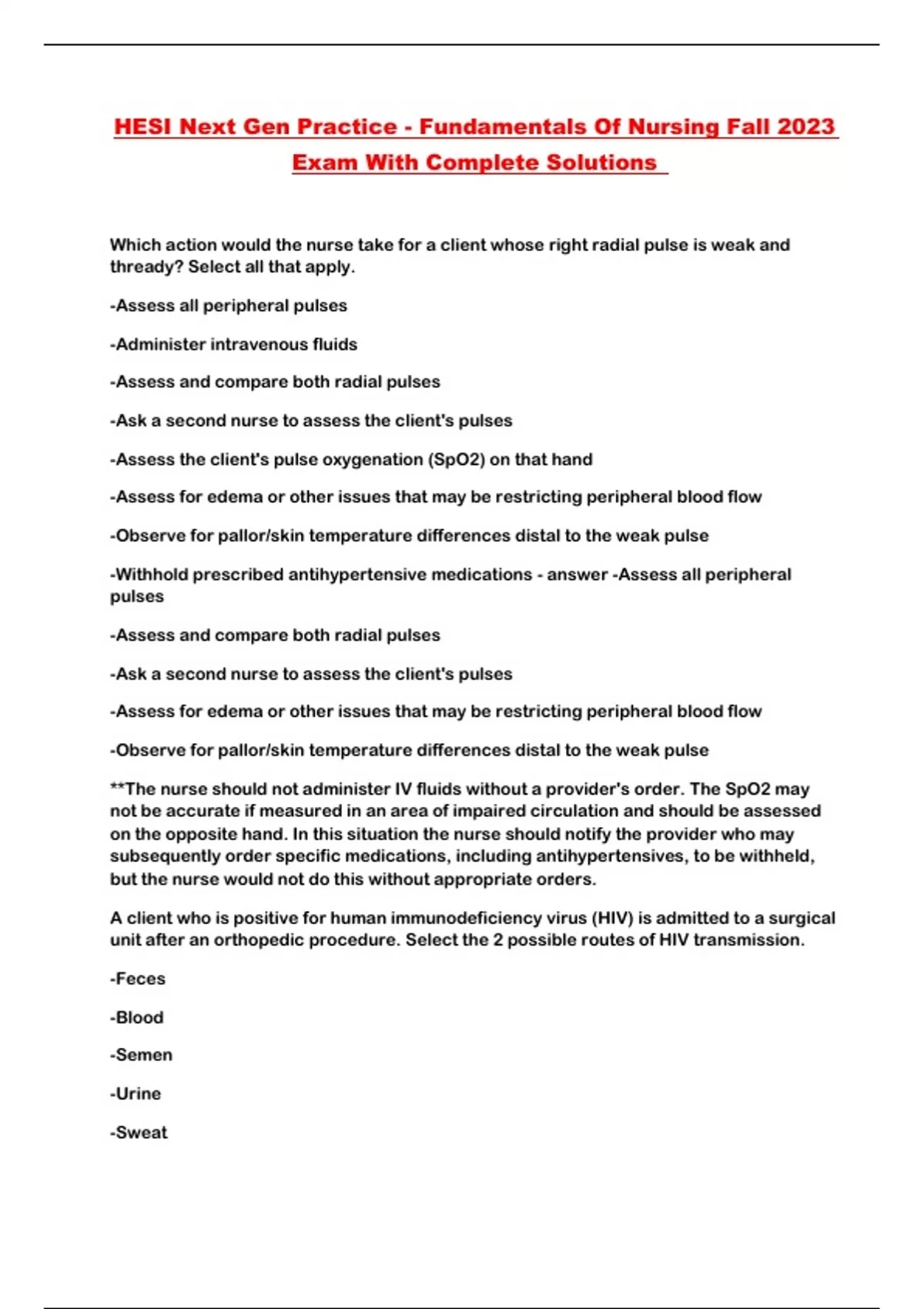 HESI Next Gen Practice - Fundamentals Of Nursing Fall 2023 Exam With ...