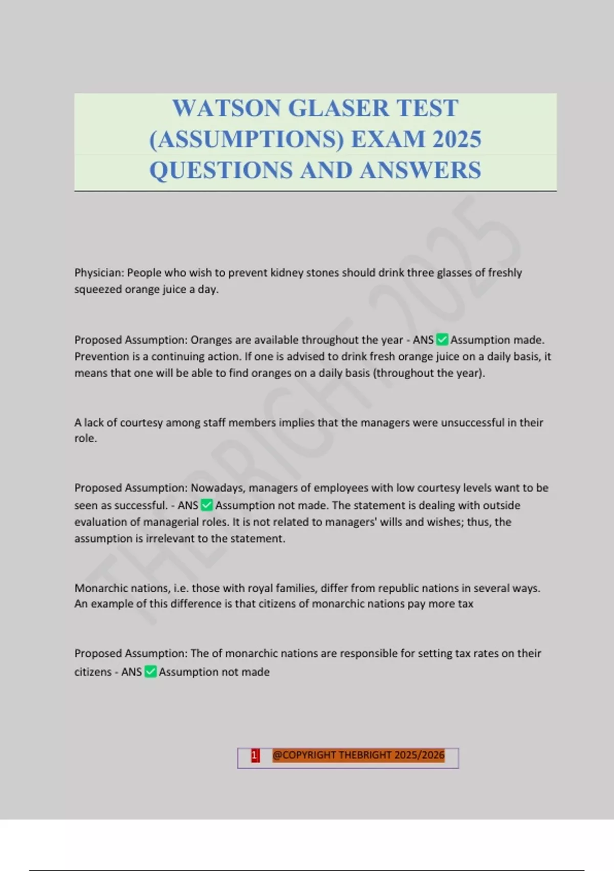 WATSON GLASER TEST (ASSUMPTIONS) EXAM 2025 QUESTIONS AND ANSWERS ...