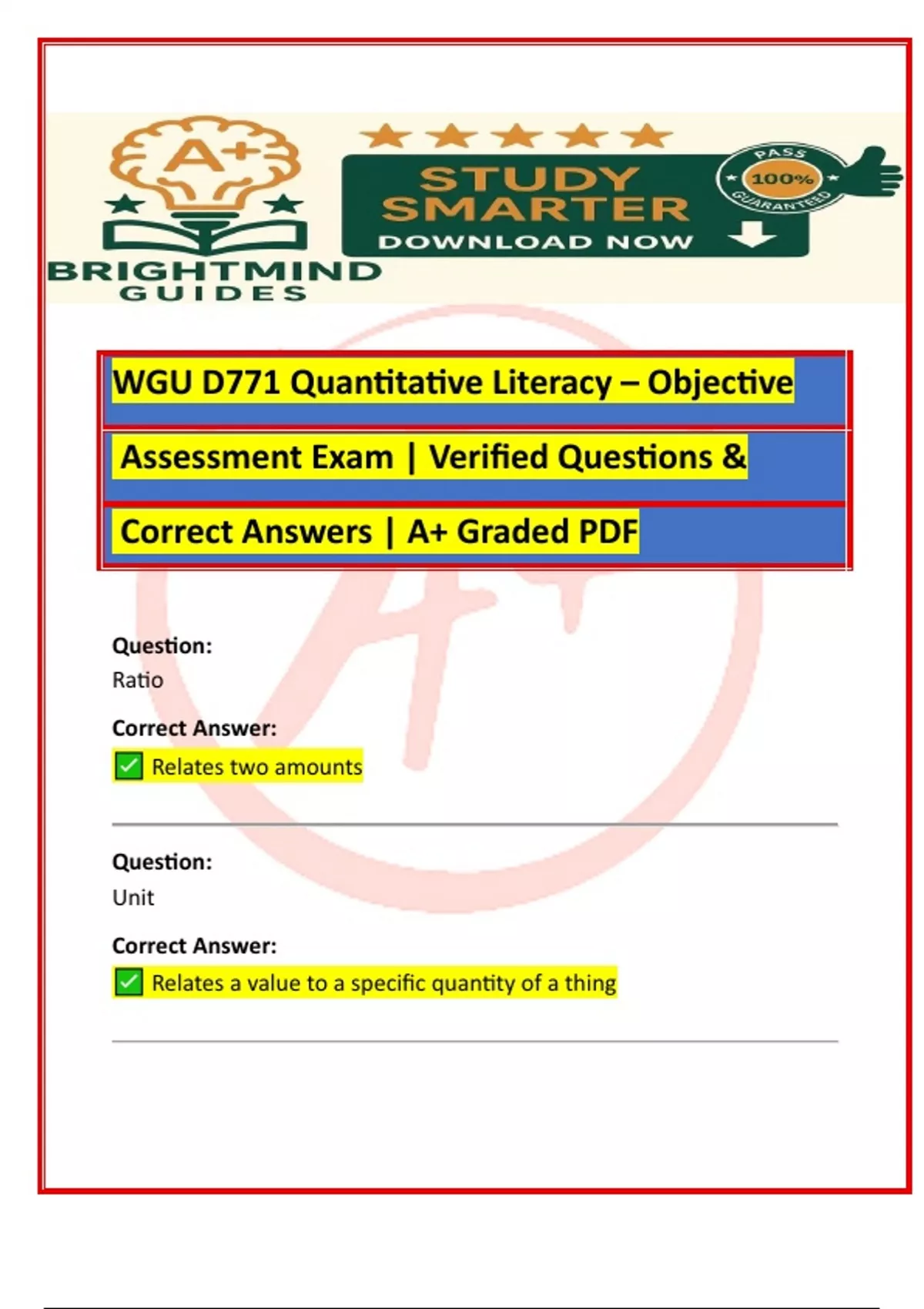 WGU D771 Quantitative Literacy – Objective Assessment Exam | Verified ...