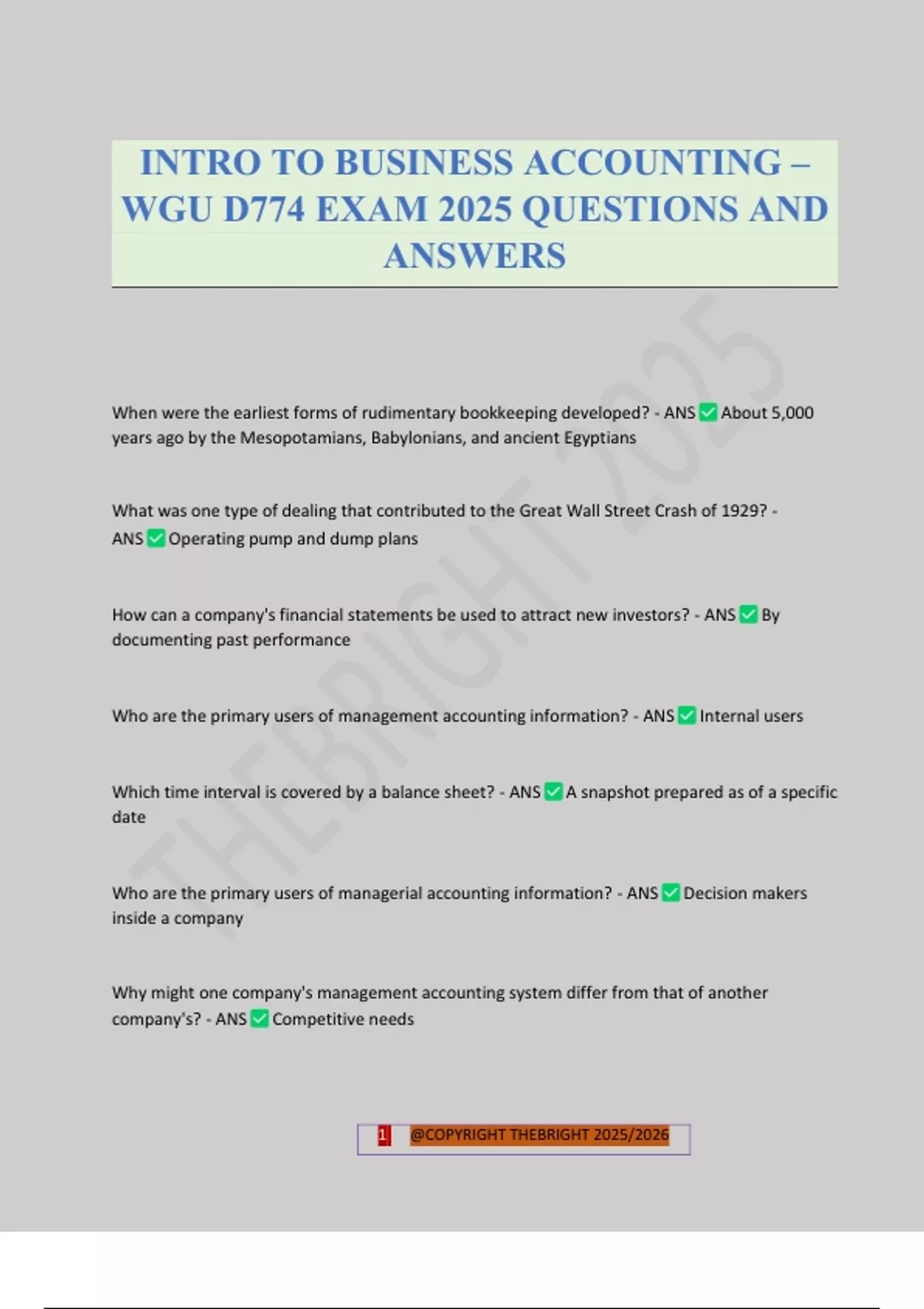 INTRO TO BUSINESS ACCOUNTING – WGU D774 EXAM 2025 QUESTIONS AND ANSWERS ...