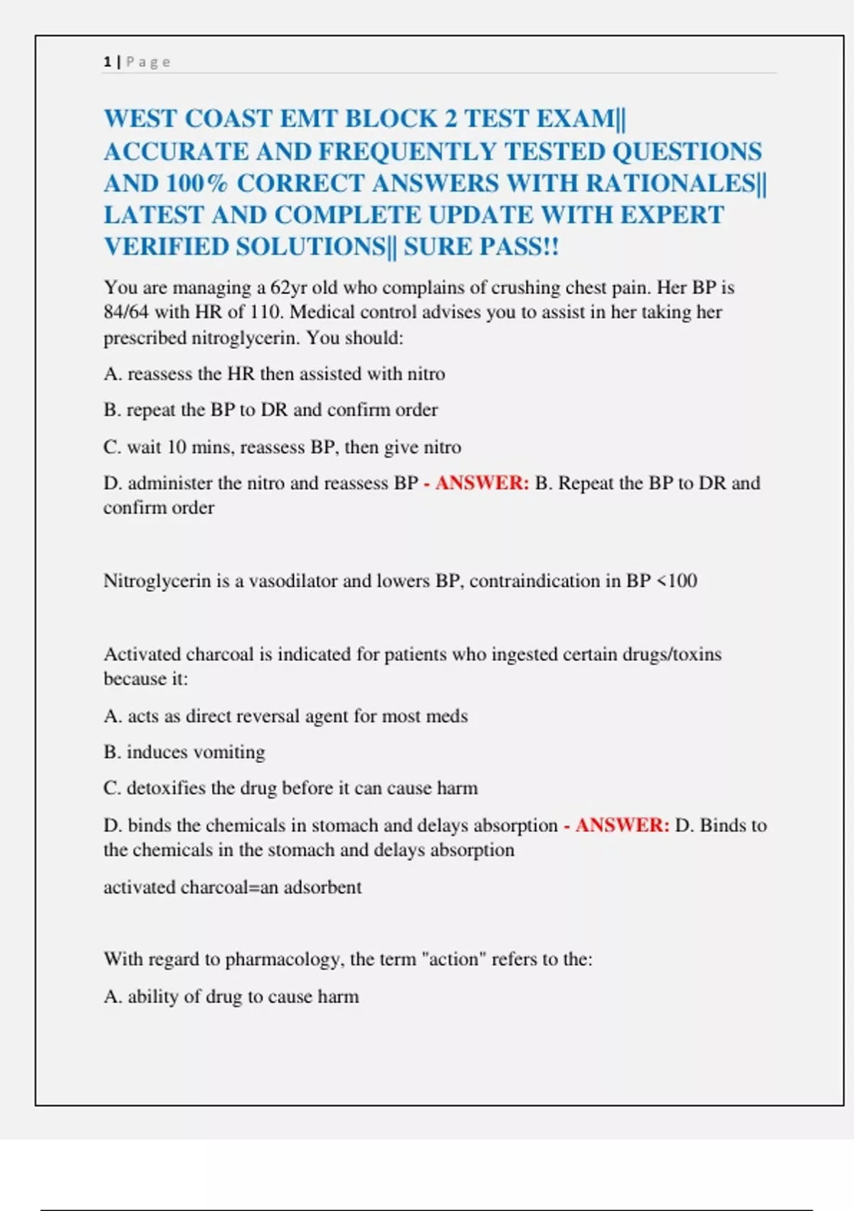 WEST COAST EMT BLOCK 1, 2, 3 &4 EXAMS 4 DIFFERENT EXAMS|| ACCURATE AND ...