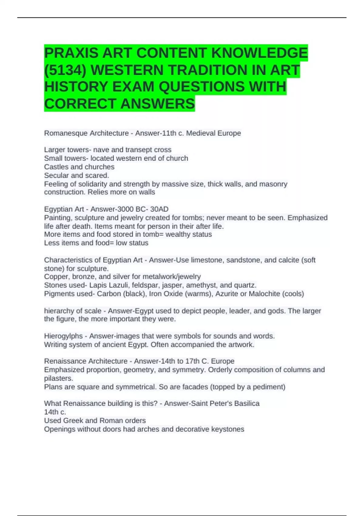 PRAXIS ART CONTENT KNOWLEDGE (5134) WESTERN TRADITION IN ART HISTORY ...