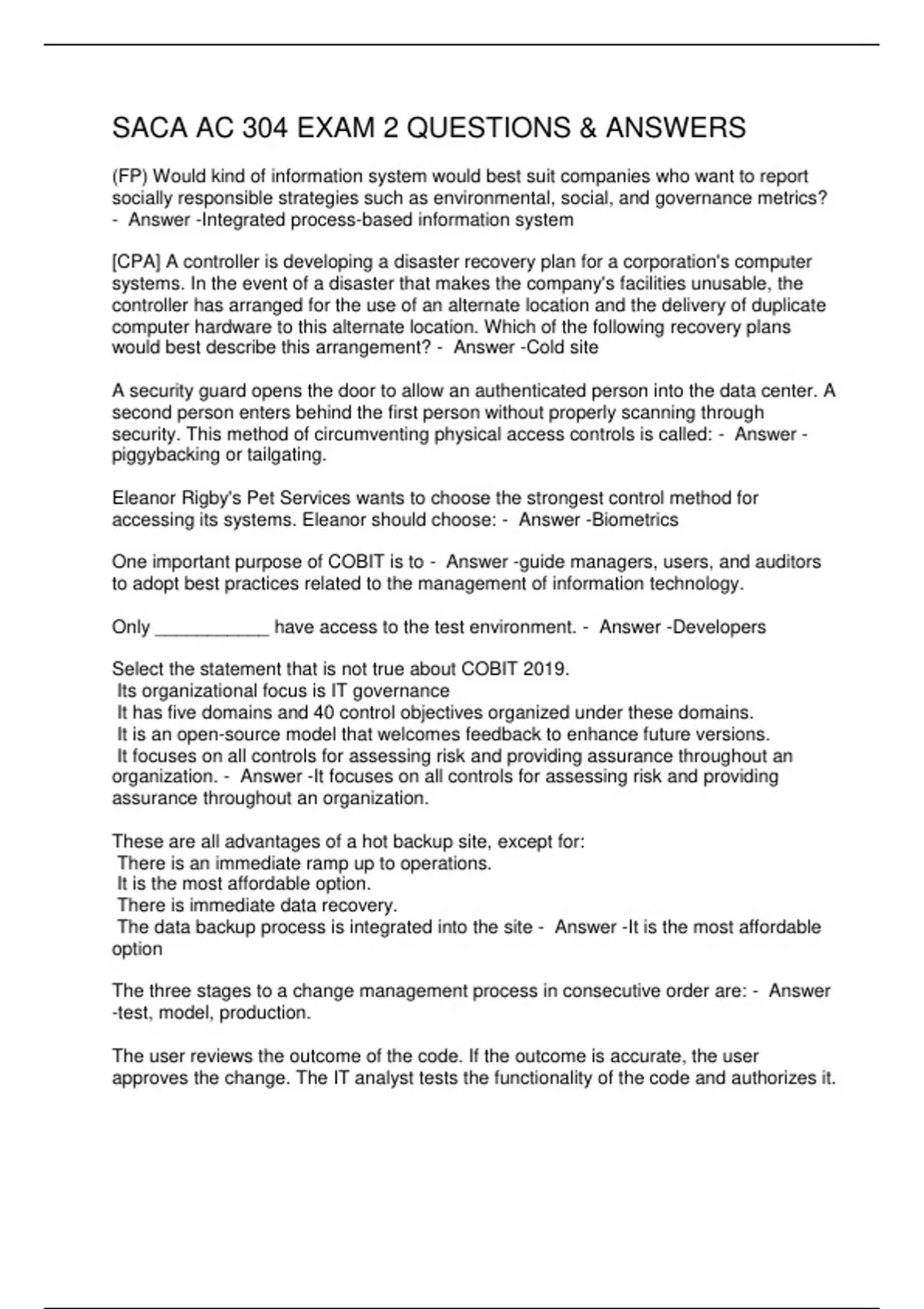 SACA AC 304 EXAM 2 QUESTIONS & ANSWERS - SACA AC 304 - Stuvia US