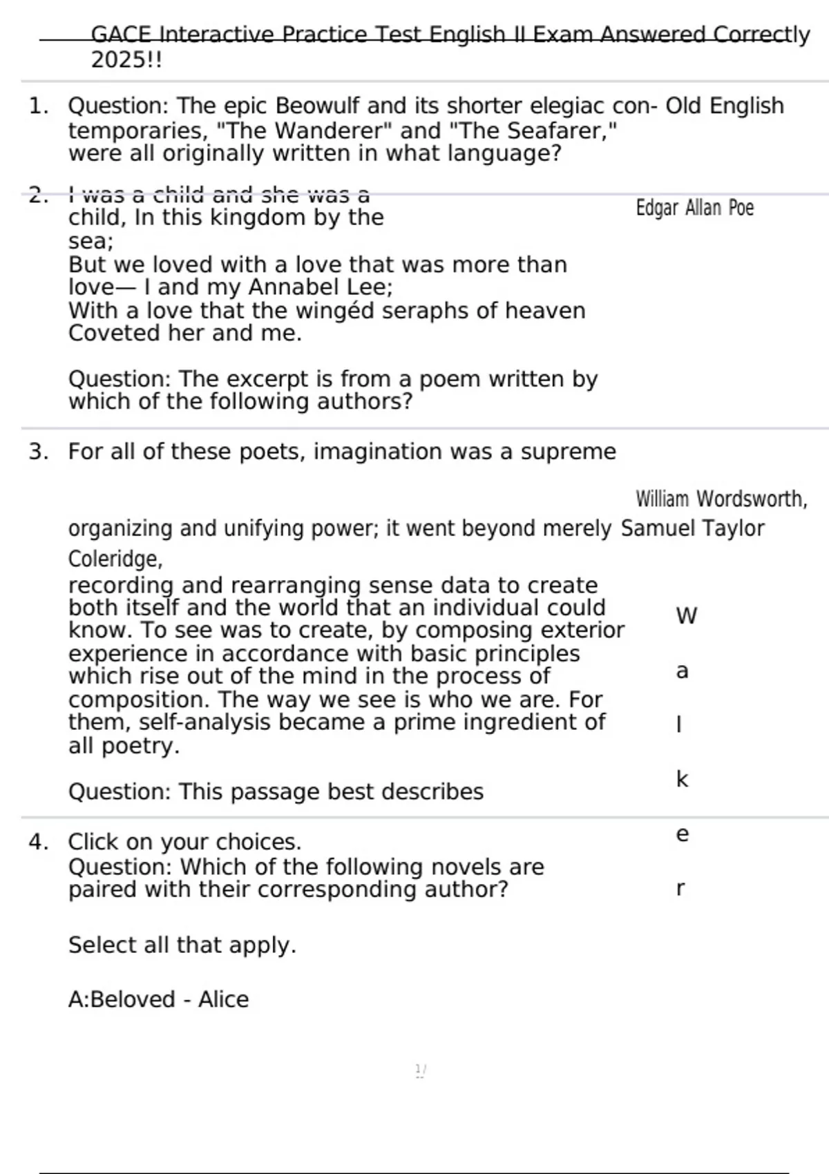 GACE Interactive Practice Test English II Exam Answered Correctly 2025 ...