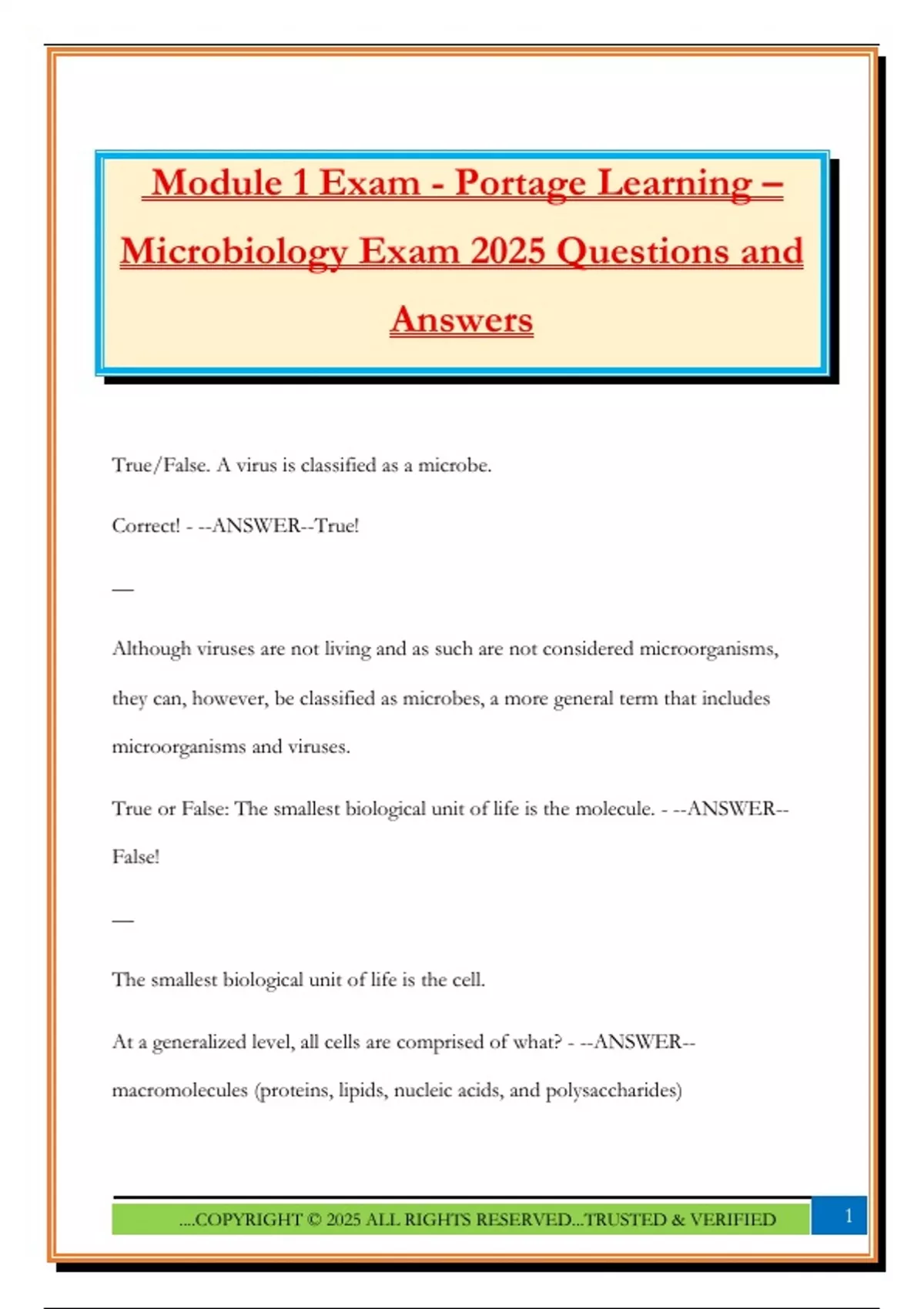 Module 1 Exam - Portage Learning – Microbiology Exam 2025 Questions and ...