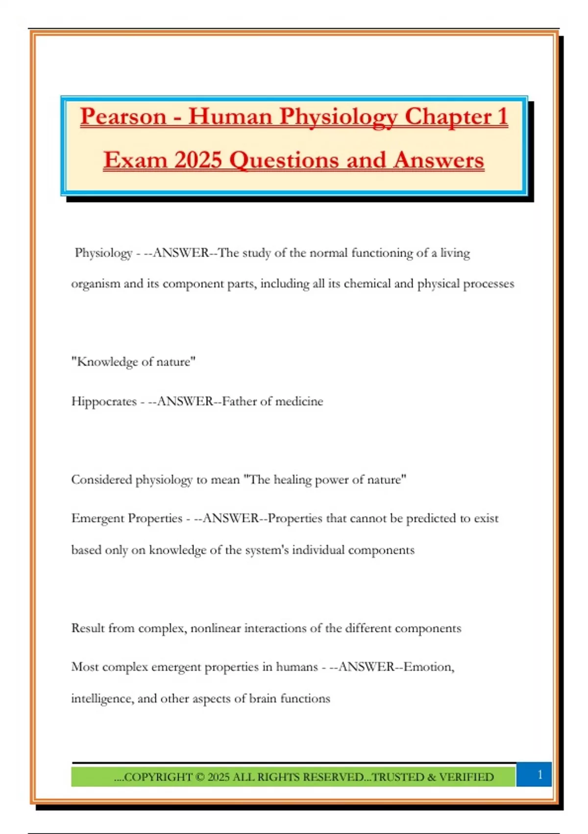 Pearson - Human Physiology Chapter 1 Exam 2025 Questions and Answers ...