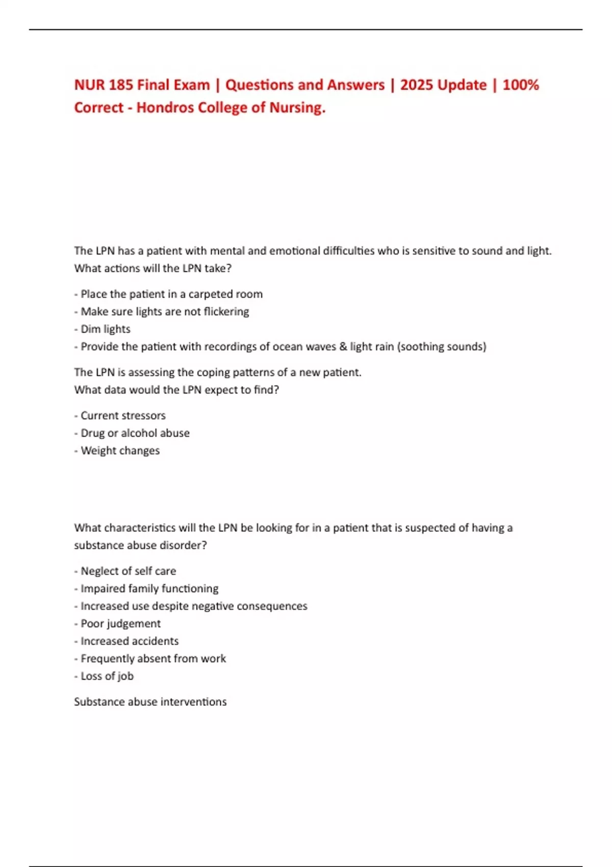 NUR 185 Final Exam | Questions and Answers | 2025 Update | 100% Correct ...