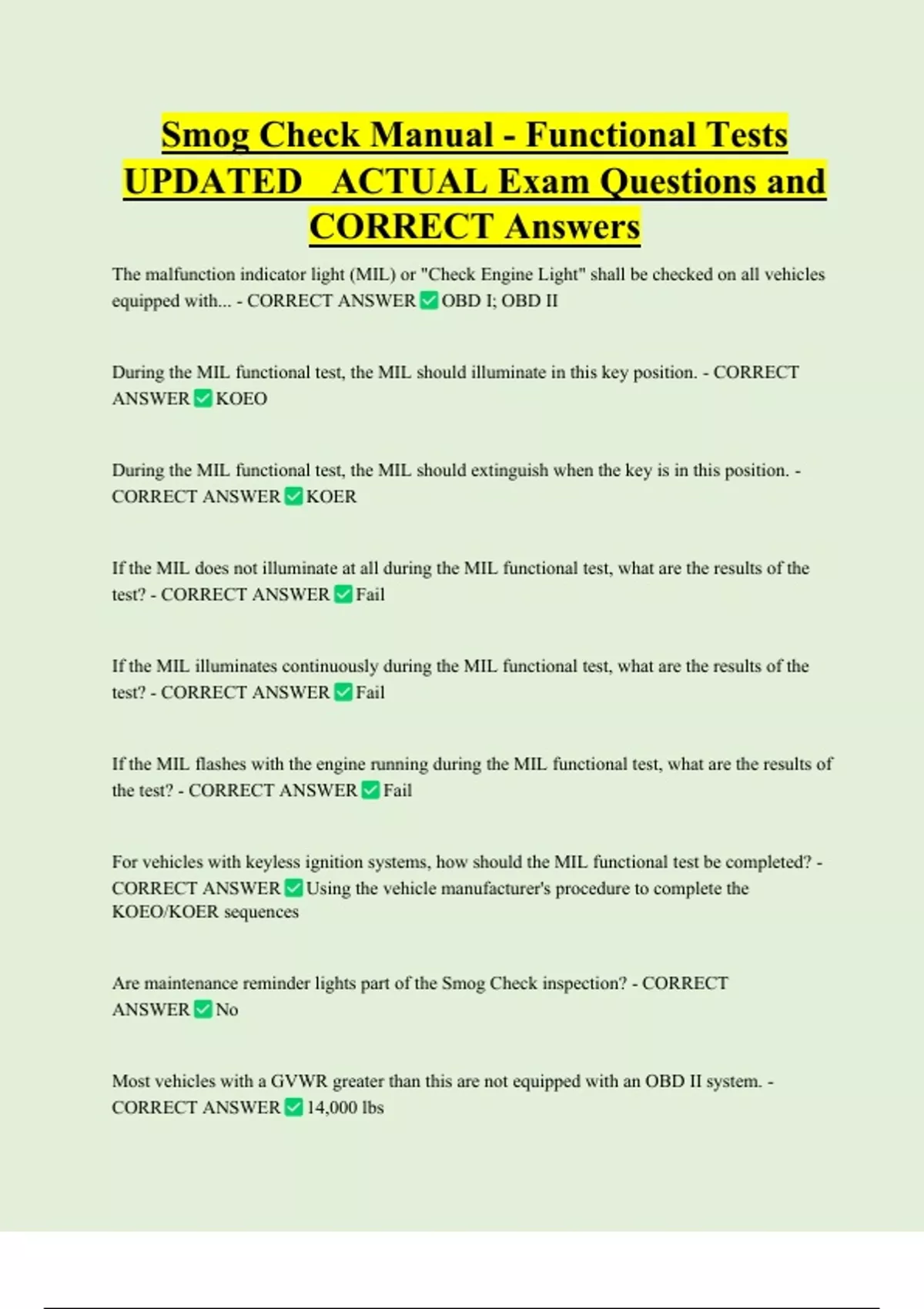 Smog Check Manual - Functional Tests UPDATED ACTUAL Exam Questions and ...