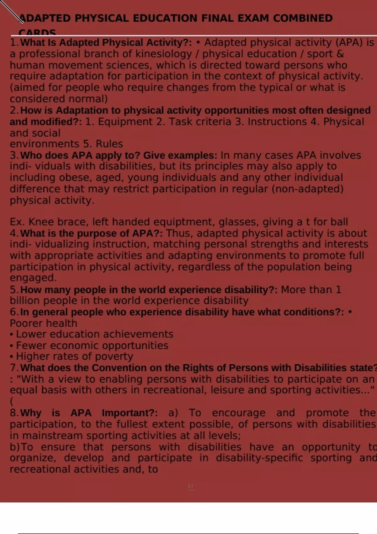 ADAPTED PHYSICAL EDUCATION FINAL EXAM COMBINED CARDS - Edkp 396 - Stuvia US
