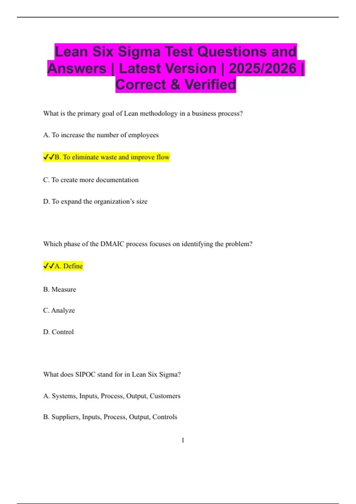 Lean Six Sigma Test Questions and Answers | Latest Version | 2025/2026 ...