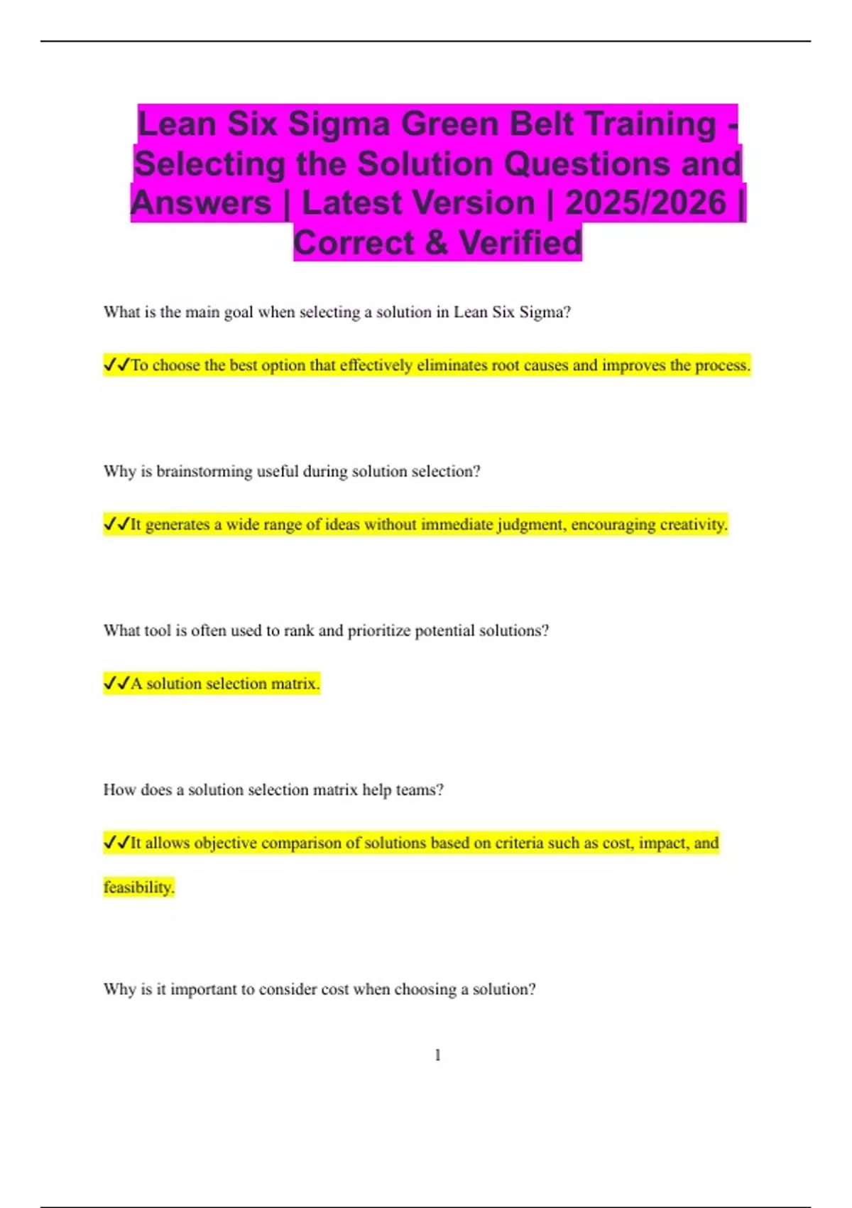 Lean Six Sigma Green Belt Training - Selecting the Solution Questions ...