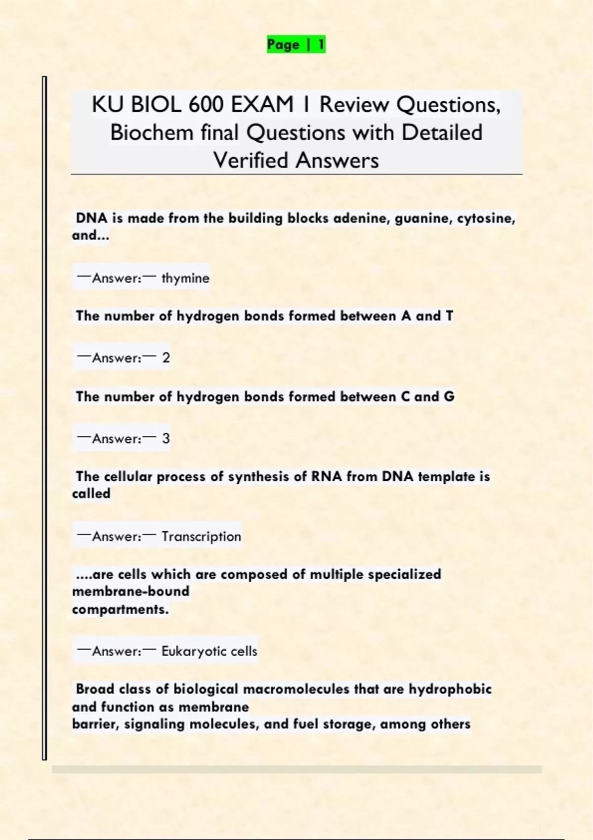 KU BIOL 600 EXAM 1 Review Questions, Biochem final Questions with ...
