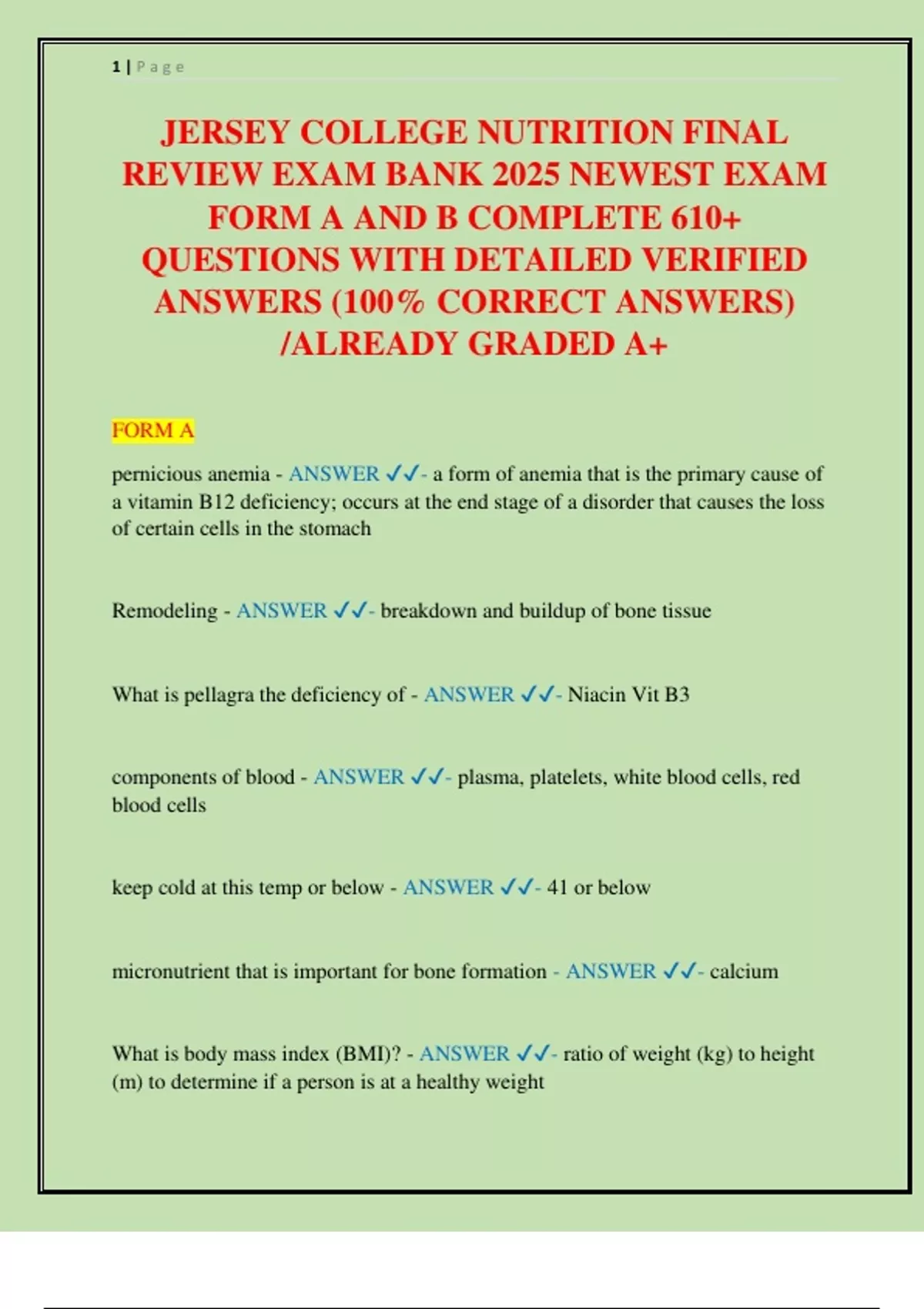 JERSEY COLLEGE NUTRITION FINAL REVIEW EXAM BANK 2025 NEWEST EXAM FORM A ...