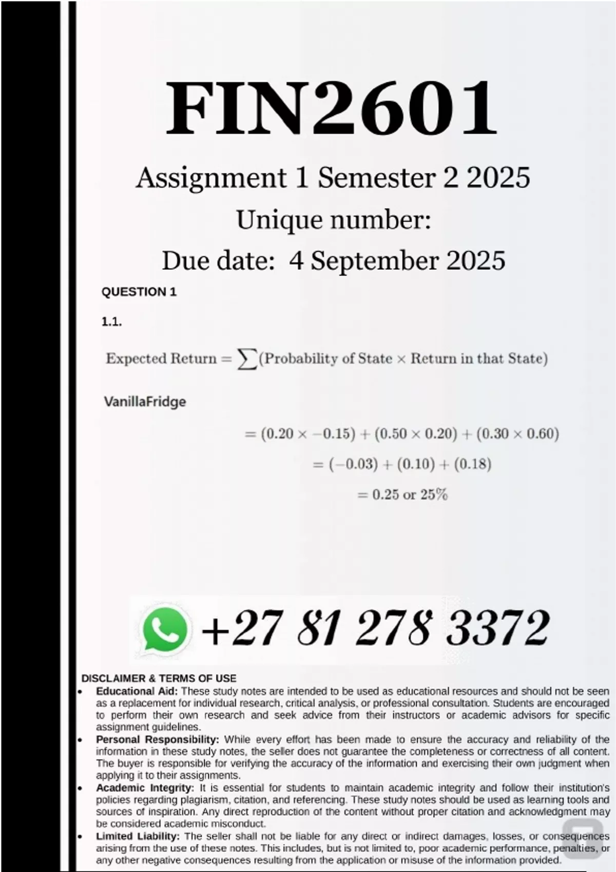 FIN2601 Assignment 1 (COMPLETE ANSWERS) Semester 2 2025 - DUE 4 ...
