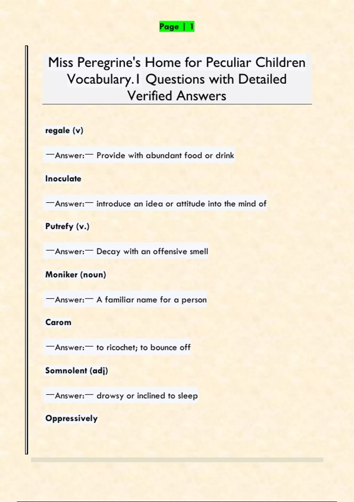 Miss Peregrine's Home for Peculiar Children Vocabulary.1 Questions with ...