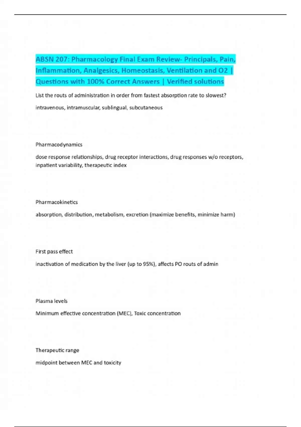 ABSN 207: Pharmacology Final Exam Review- Principals, Pain ...
