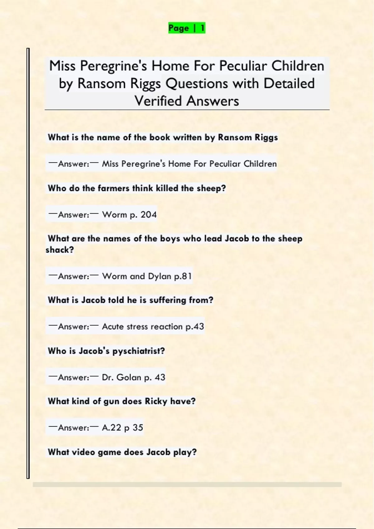 Miss Peregrine's Home For Peculiar Children by Ransom Riggs Questions ...