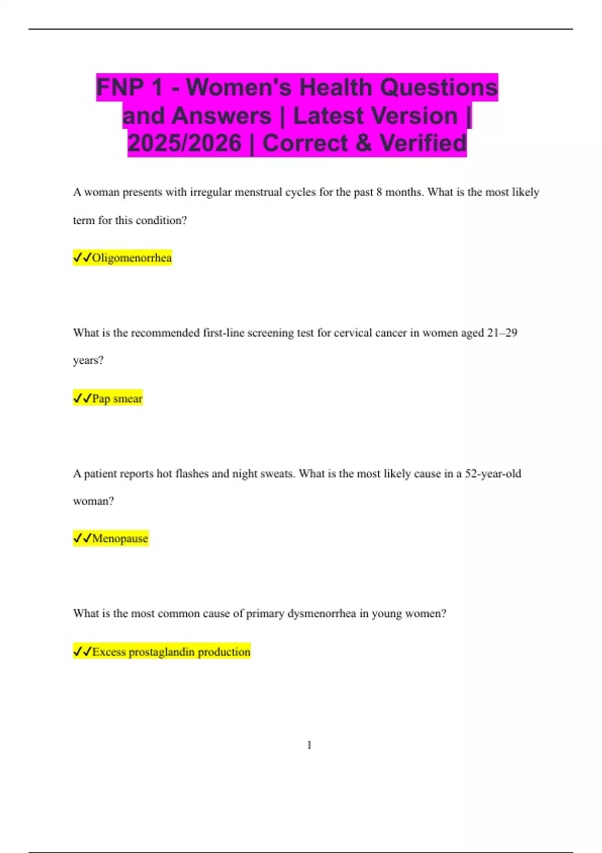 FNP 1 - Women's Health Questions and Answers | Latest Version | 2025/ ...