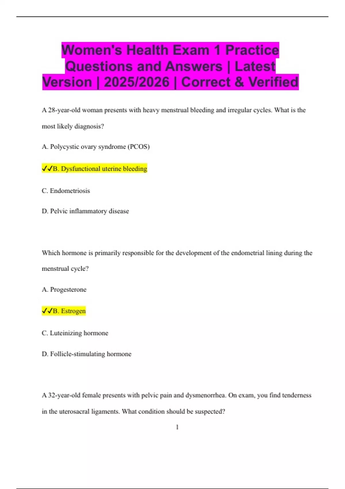 Women's Health Exam 1 Practice Questions and Answers | Latest Version ...