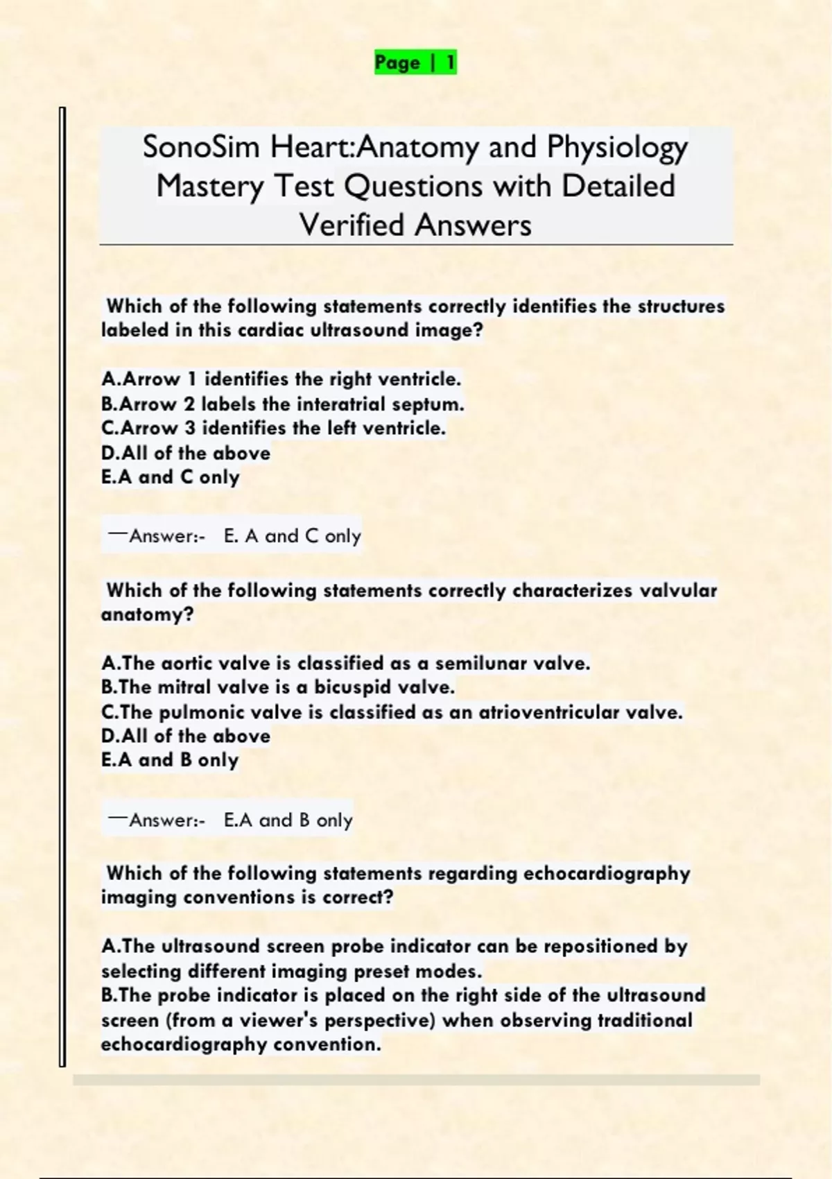 SonoSim Heart:Anatomy and Physiology Mastery Test Questions with ...