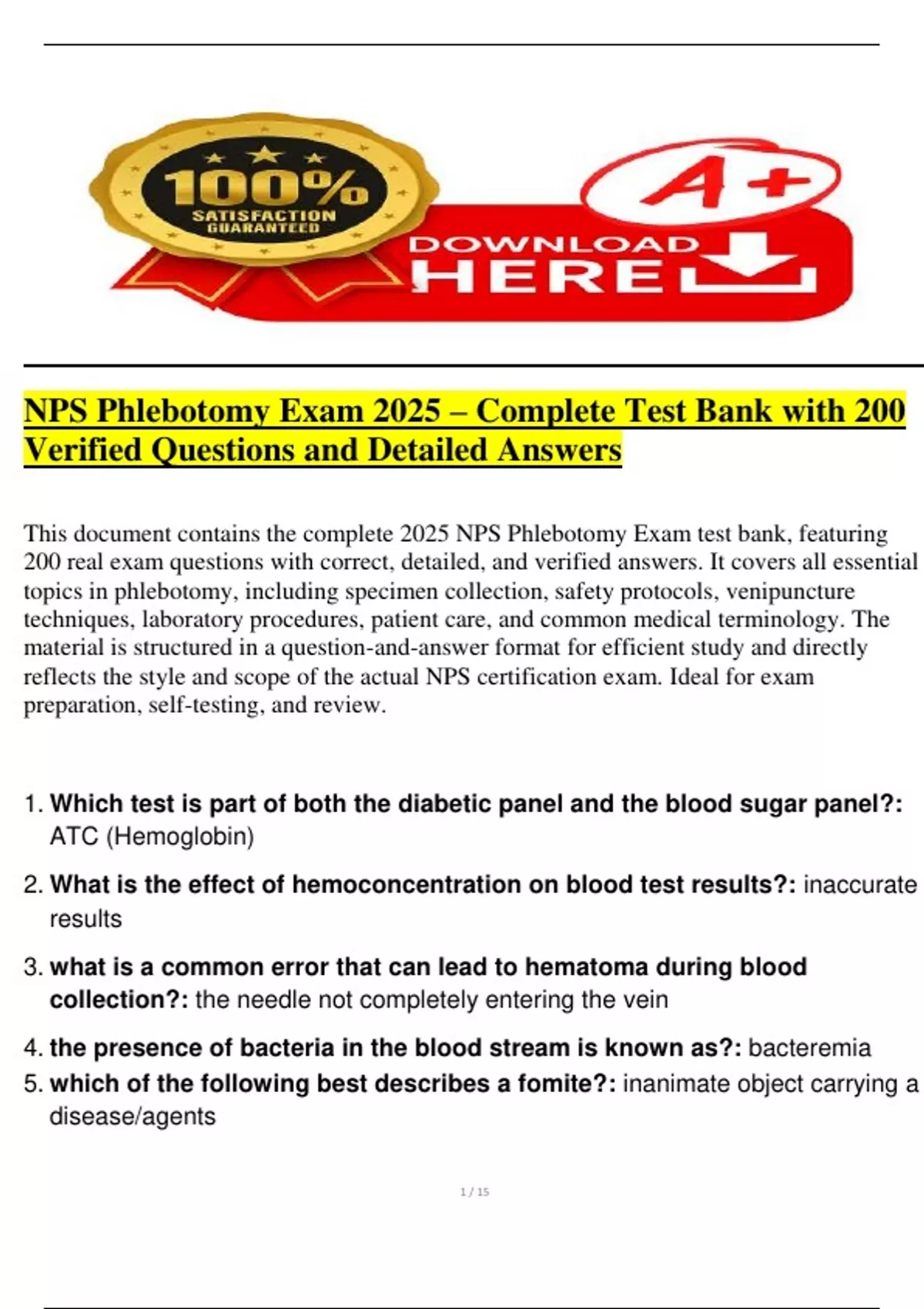 NPS Phlebotomy Exam 2025 – Complete Test Bank with 200 Verified ...