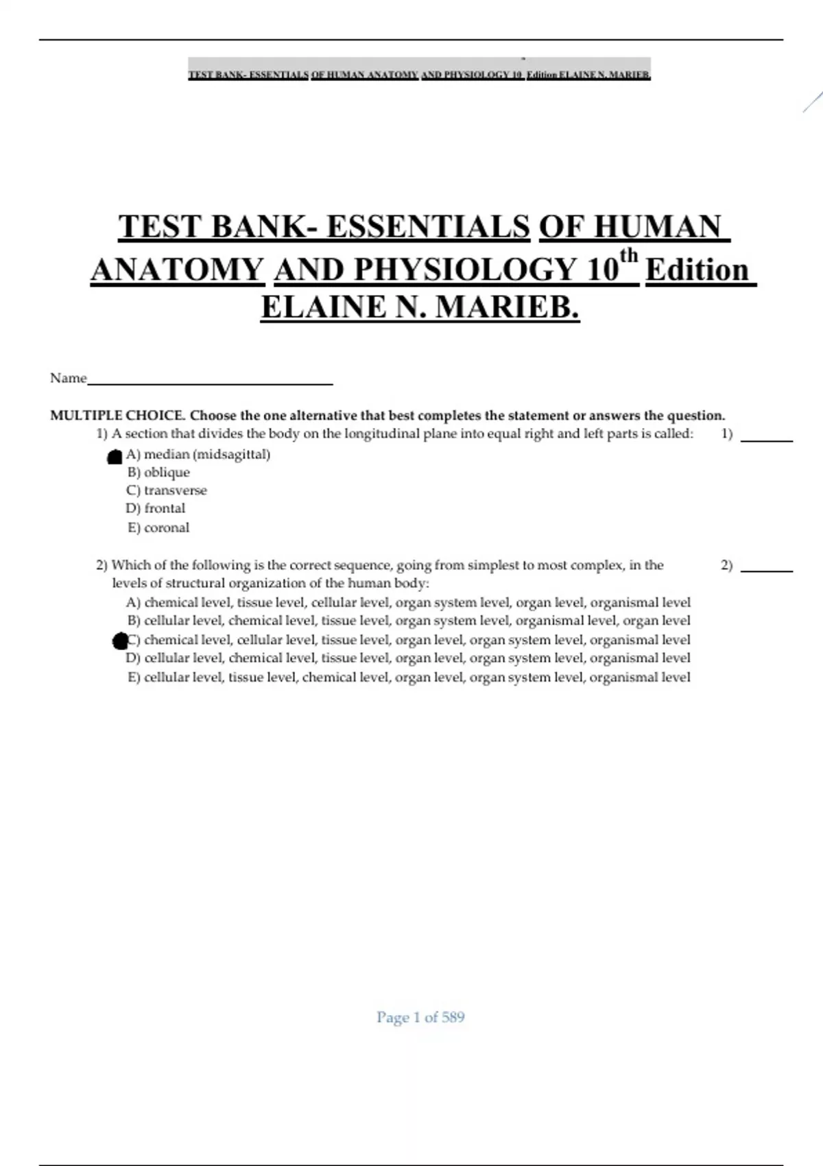 TEST BANK- ESSENTIALS OF HUMAN ANATOMY AND PHYSIOLOGY 10th Edition ...