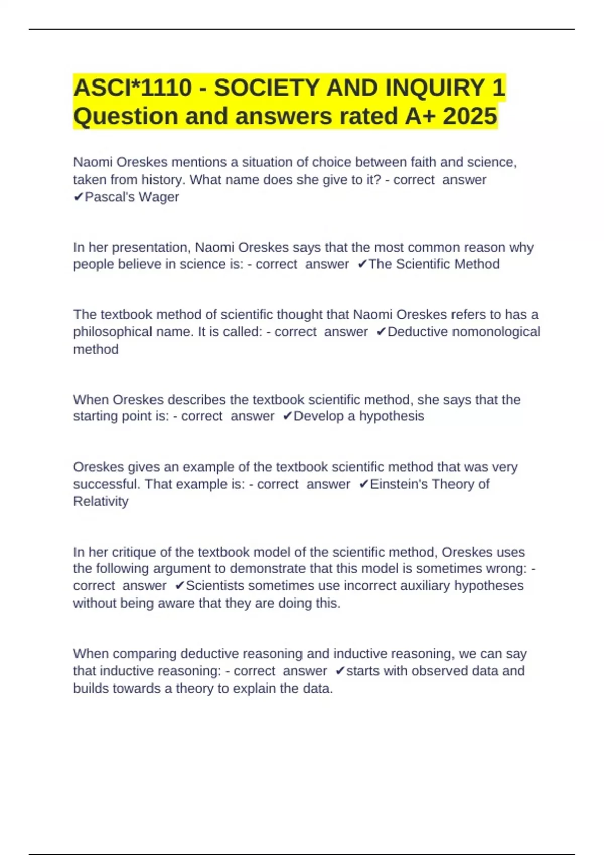 ASCI*1110 - SOCIETY AND INQUIRY 1 Question and answers rated A+ 2025 ...