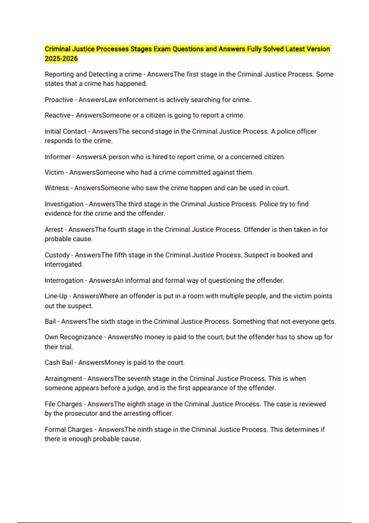 Criminal Justice Processes Stages Exam Questions and Answers Fully ...