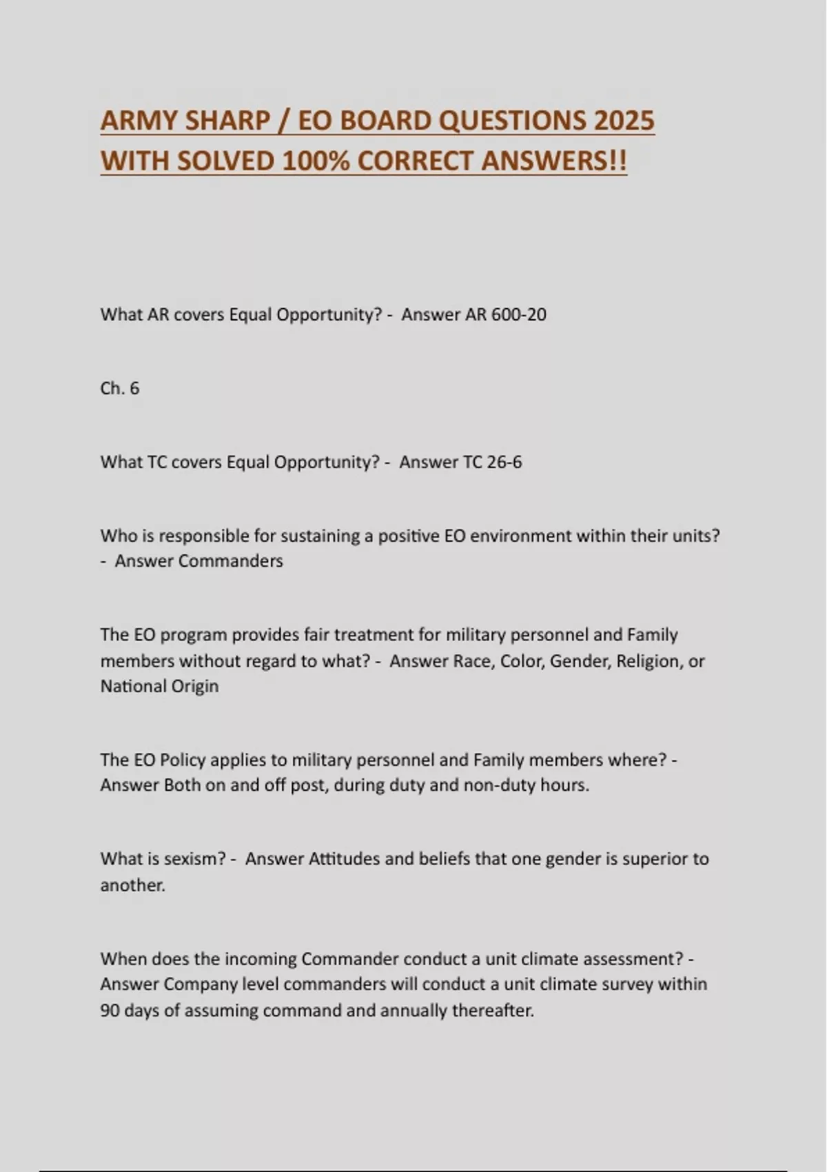 ARMY SHARP / EO BOARD QUESTIONS 2025 WITH SOLVED 100% CORRECT ANSWERS ...