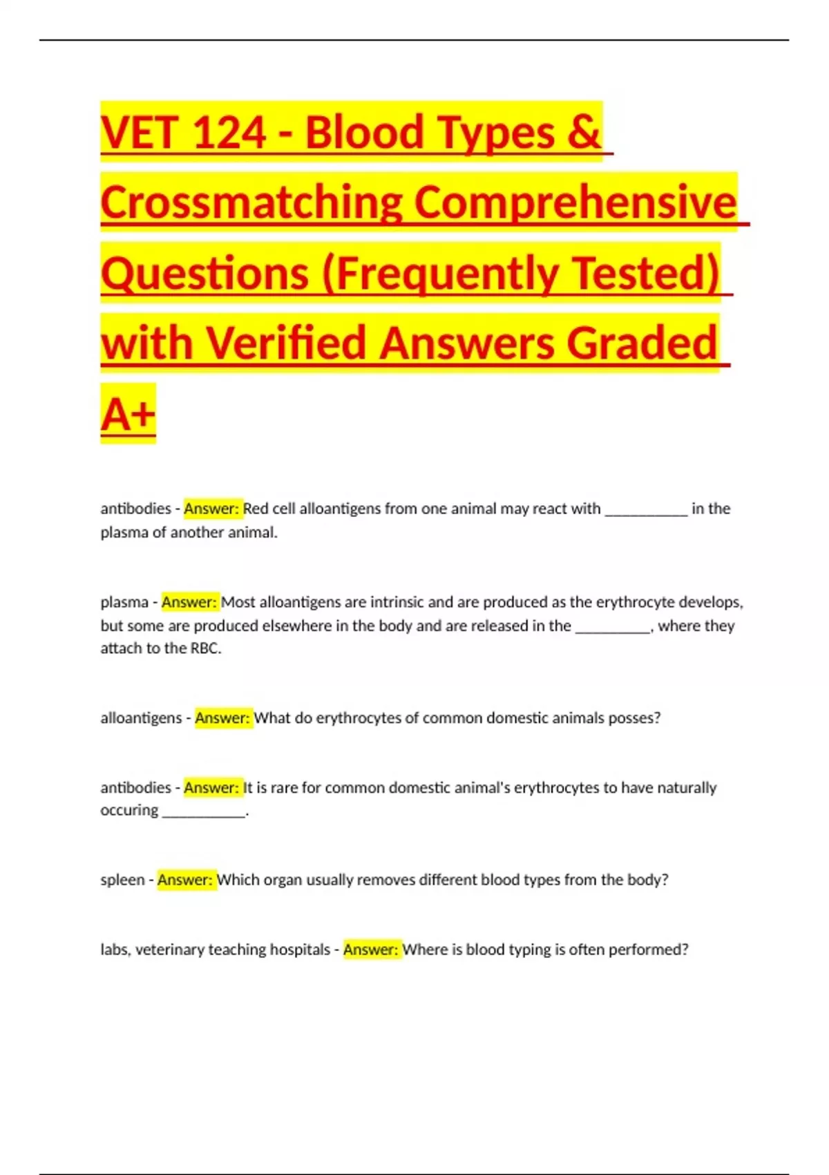 VET 124 - Blood Types & Crossmatching Comprehensive Questions ...