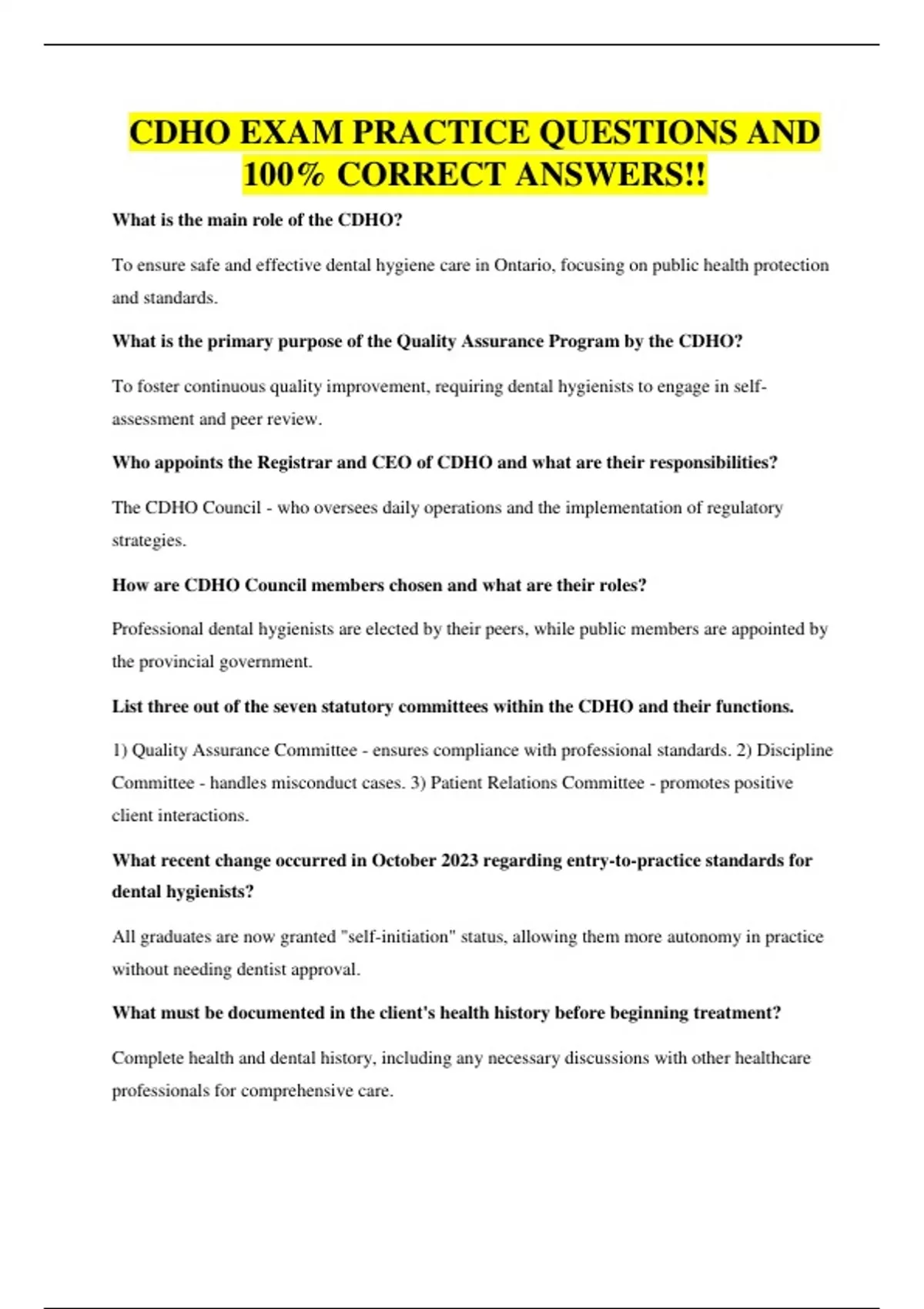 CDHO EXAM PRACTICE QUESTIONS AND 100% CORRECT ANSWERS! - CDHO - Stuvia US