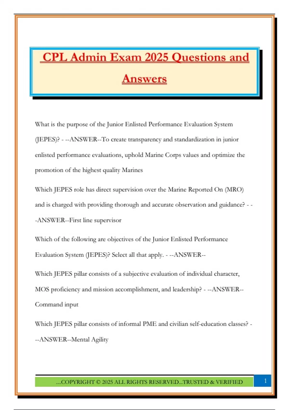 CPL Admin Exam 2025 Questions and Answers - Corporals course - Stuvia US