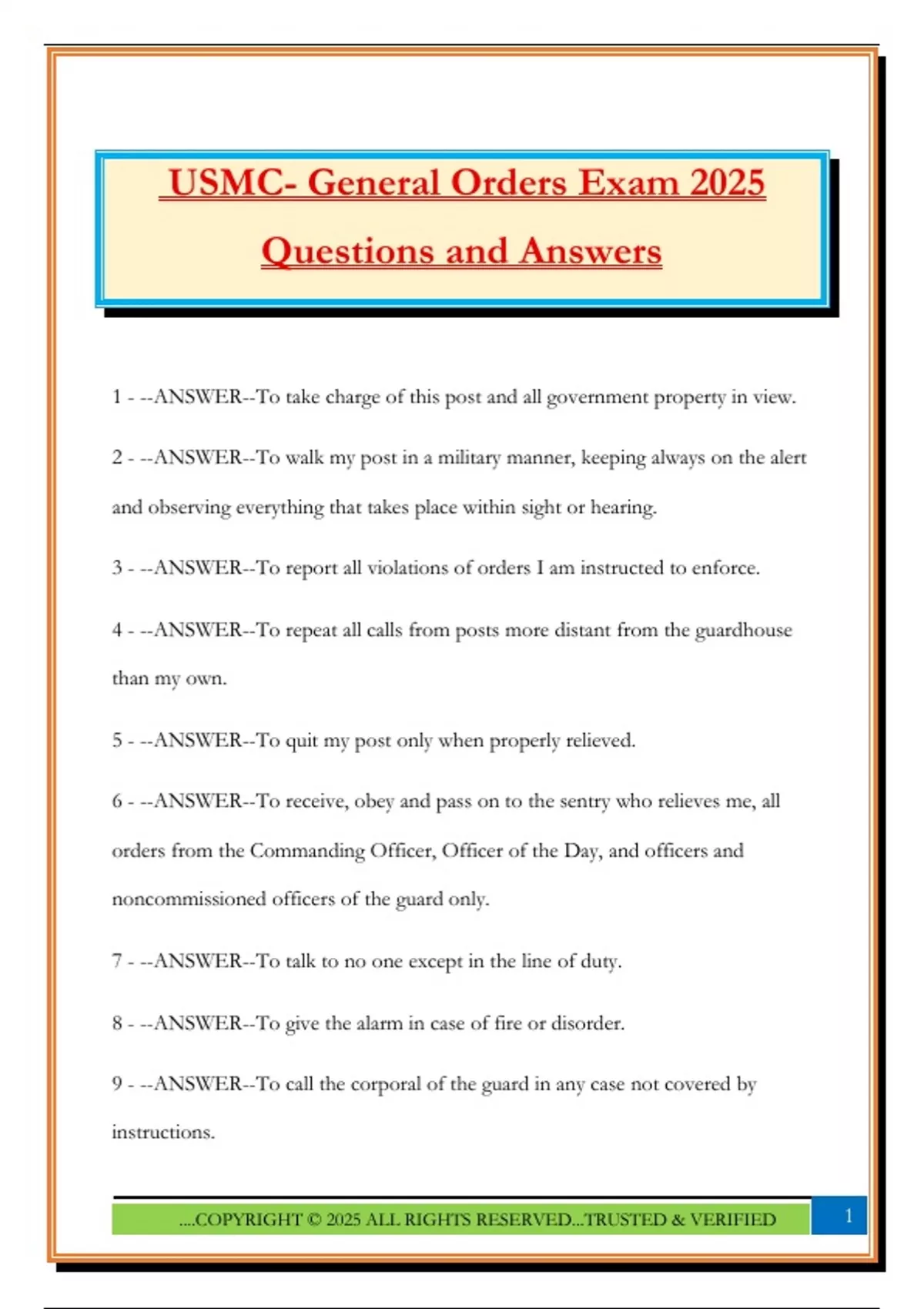 USMC- General Orders Exam 2025 Questions and Answers - Usmc - Stuvia US