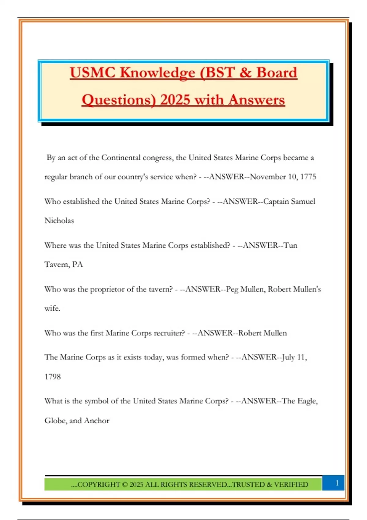 USMC Knowledge (BST & Board Questions) 2025 with Answers - Usmc - Stuvia US