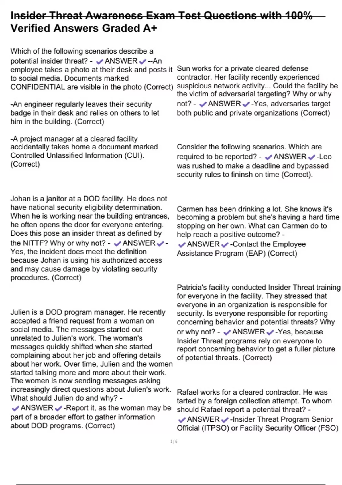 Insider Threat Awareness Exam Test Questions with 100% Verified Answers ...