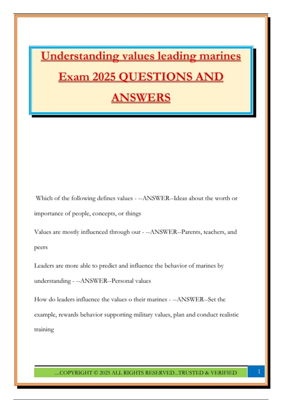 Understanding values leading marines Exam 2025 QUESTIONS AND ANSWERS ...